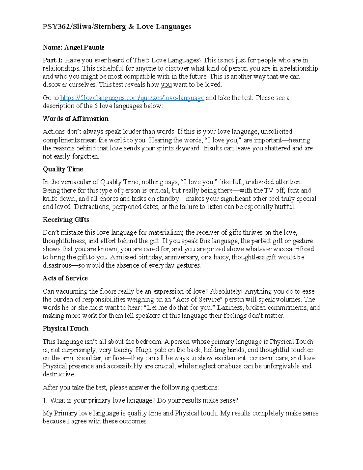 Love Languages - homework - PSY362/Sliwa/Sternberg & Love Languages ...