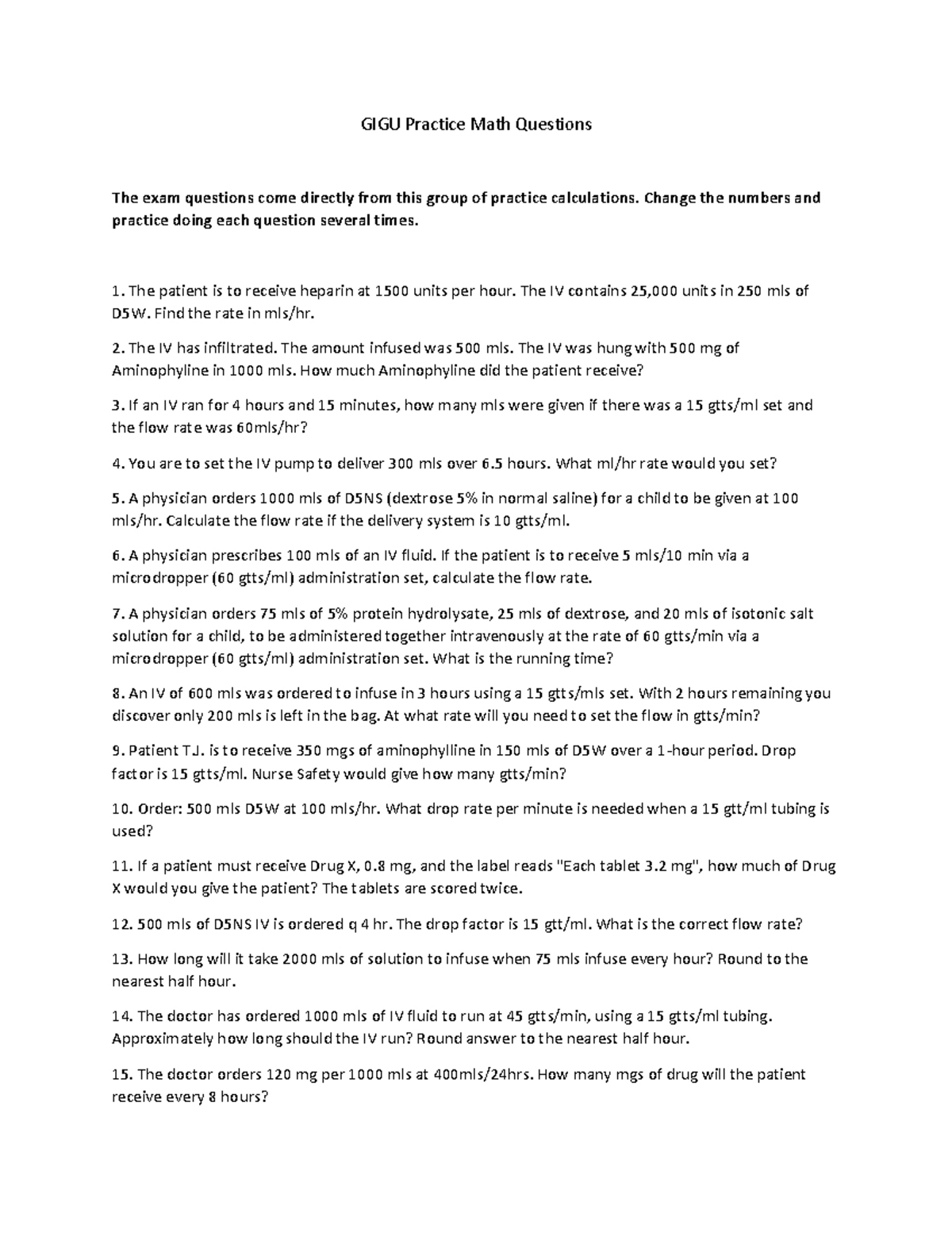 GIGU Practice Math converstion, drop factor, time, ml/min questions ...