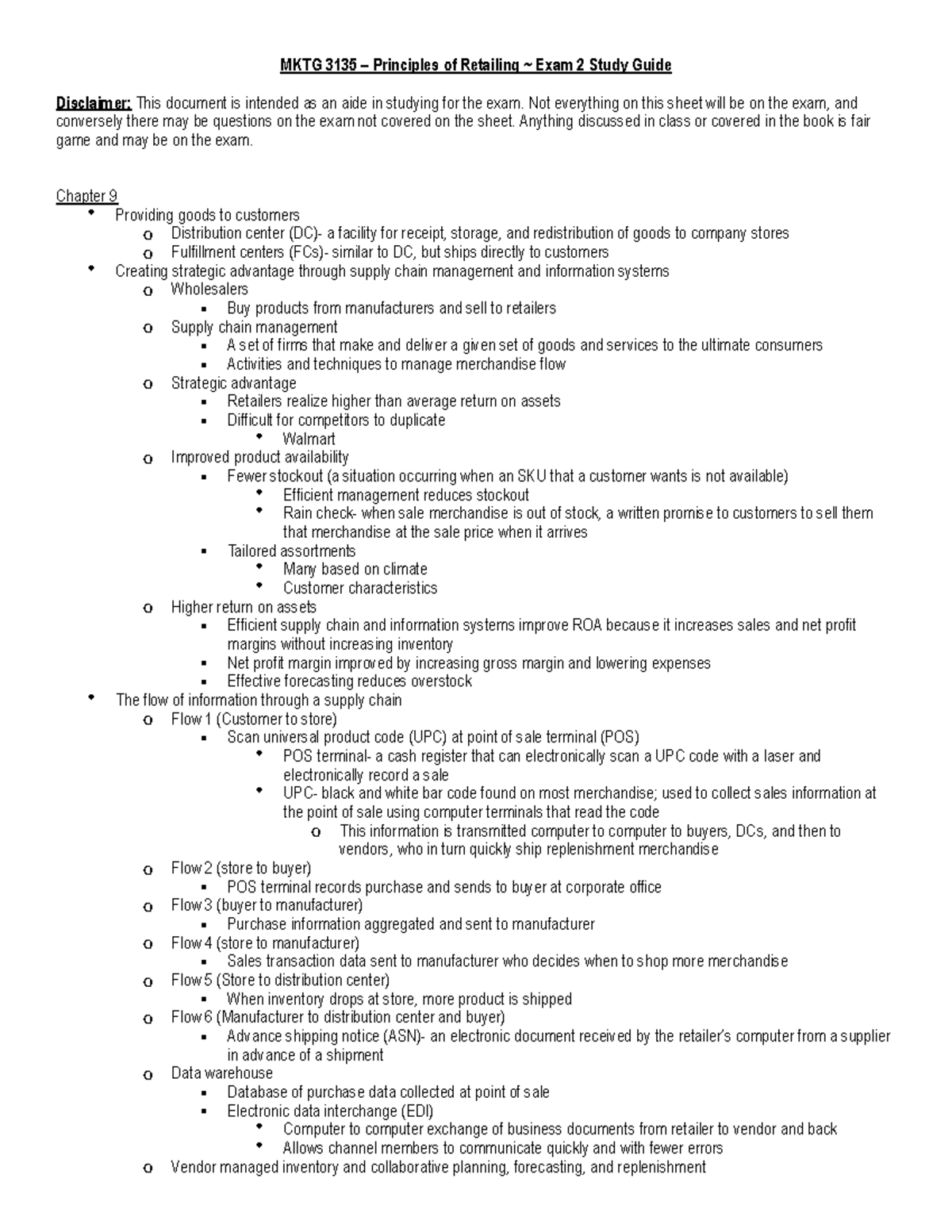 Exam 3 Study Guide - Chapters 9-11 for Principles of retailing - MKTG ...