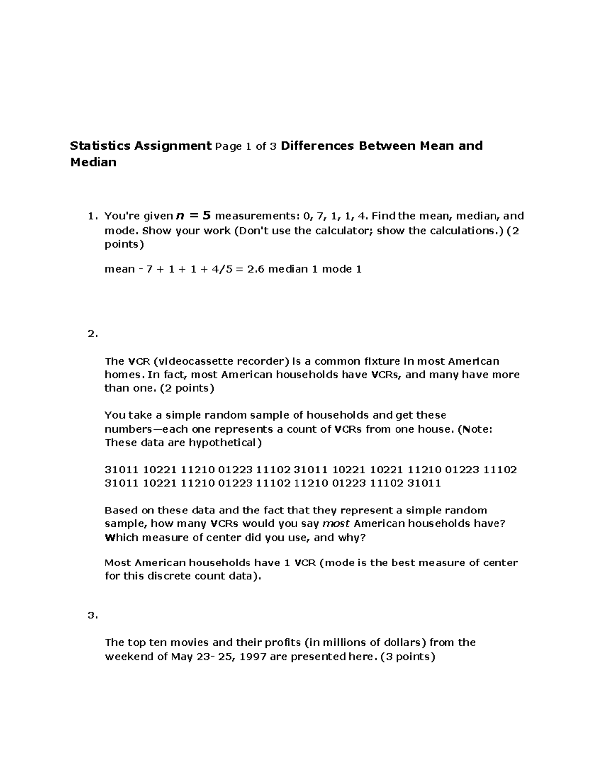 Statistics Assignment Differences Between Mean And Median Statistics
