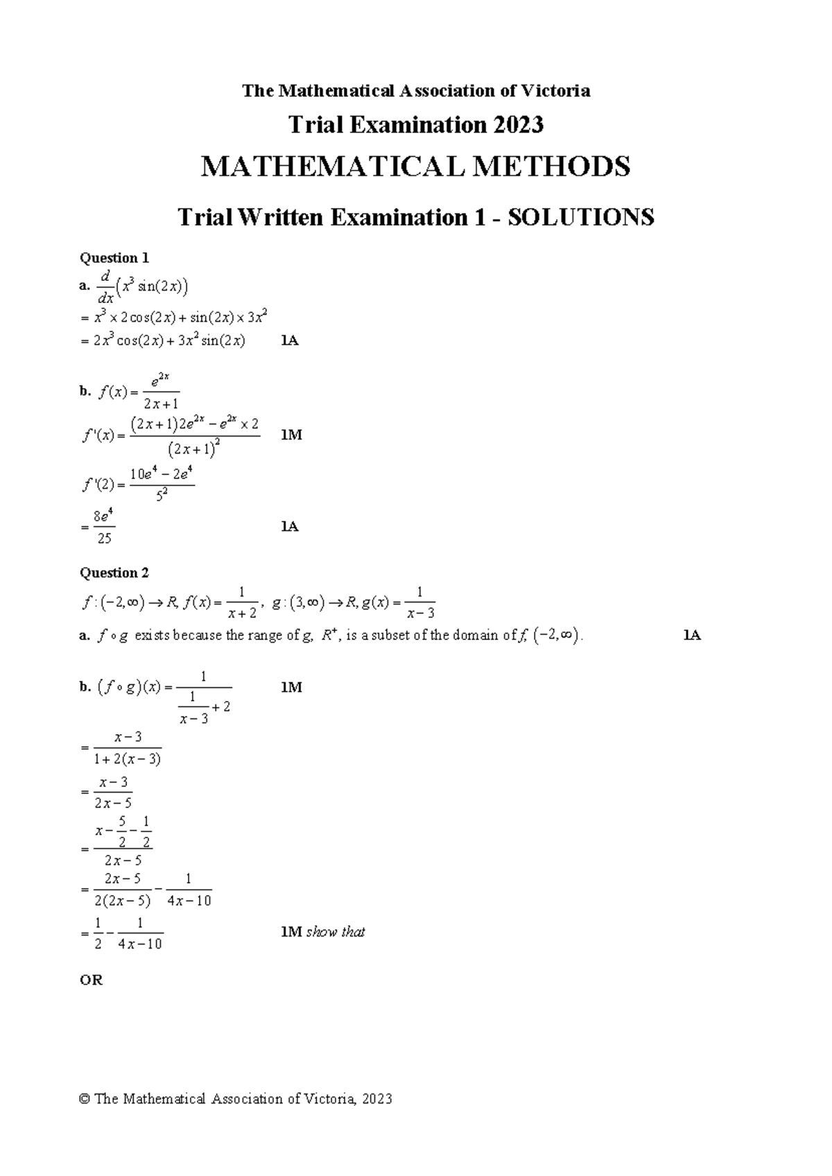 2023 MAV Maths Methods Trial Exam 1 Solutions - The Mathematical ...