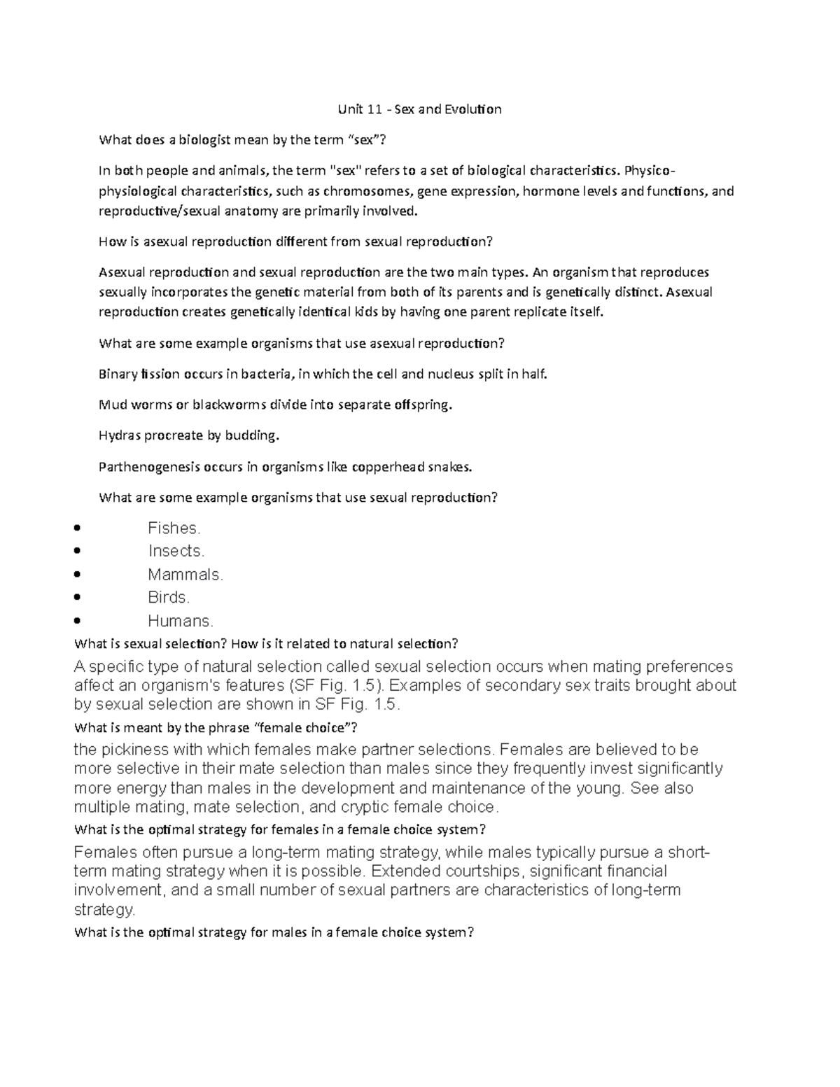 Bio 130 study guide Unit 11 - Unit 11 - Sex and Evolution What does a ...