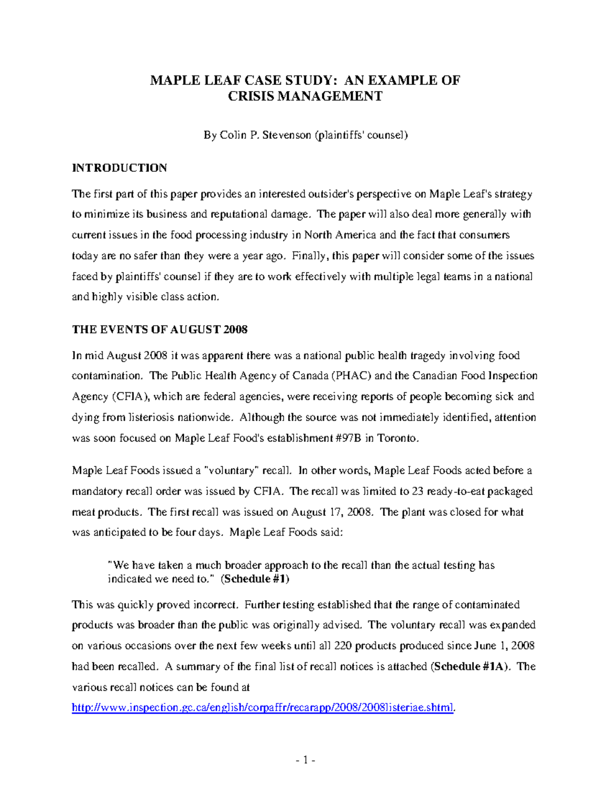 Maple-Leaf-Case-Study - Colin-Stevenson - MAPLE LEAF CASE STUDY: AN EXAMPLE OF CRISIS MANAGEMENT ...