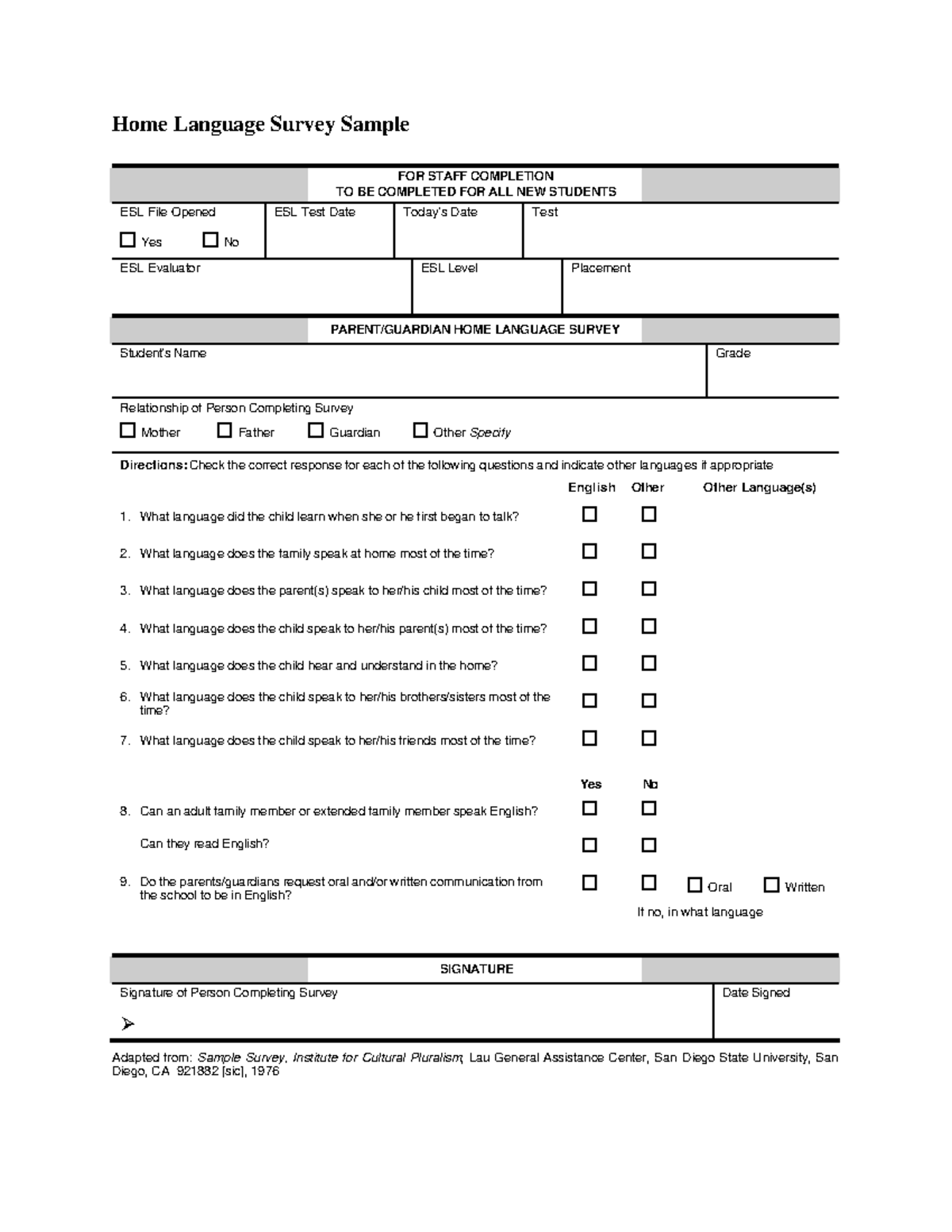 HOME Language Survey - Home Language Survey Sample FOR STAFF COMPLETION ...