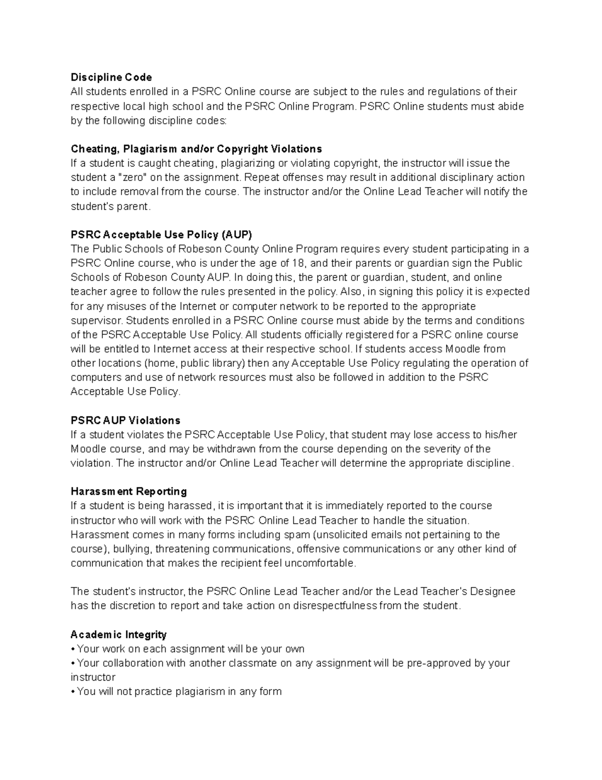 Sociology classwork - Discipline Code All students enrolled in a PSRC ...