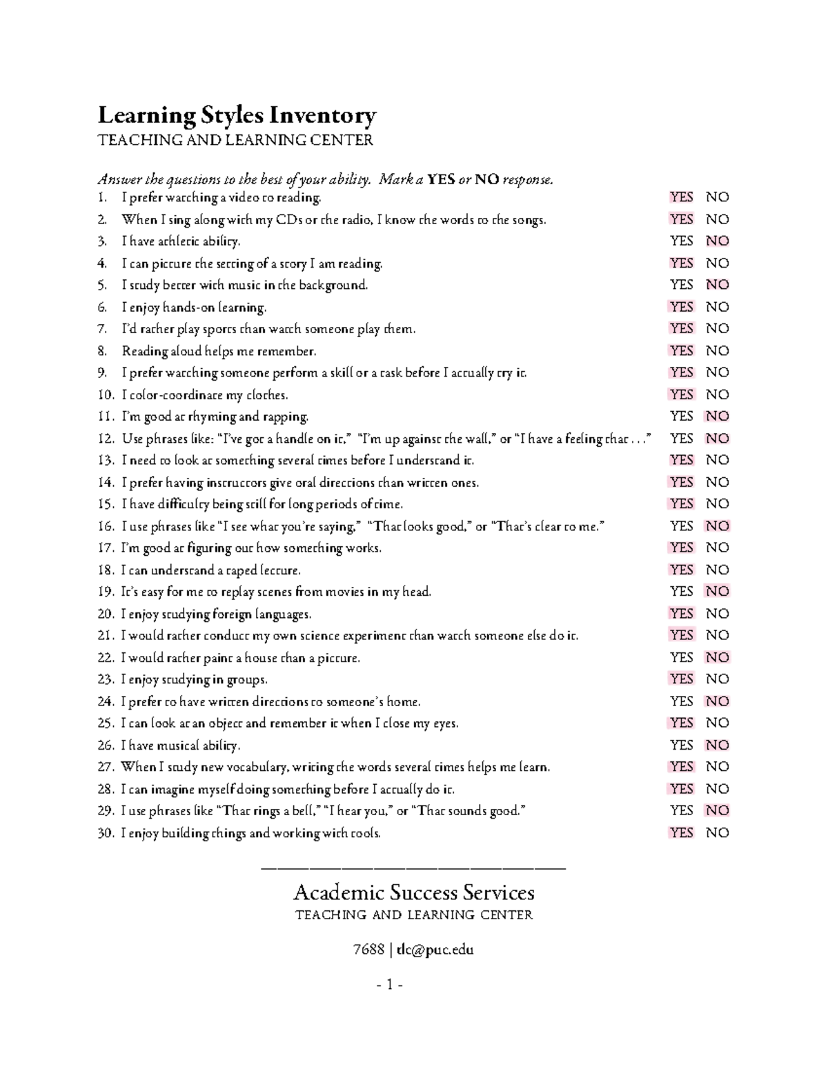 22 01 21 2 10 2023 Appendix 1 Learning Styles Inventory Topic 1 - - Studocu