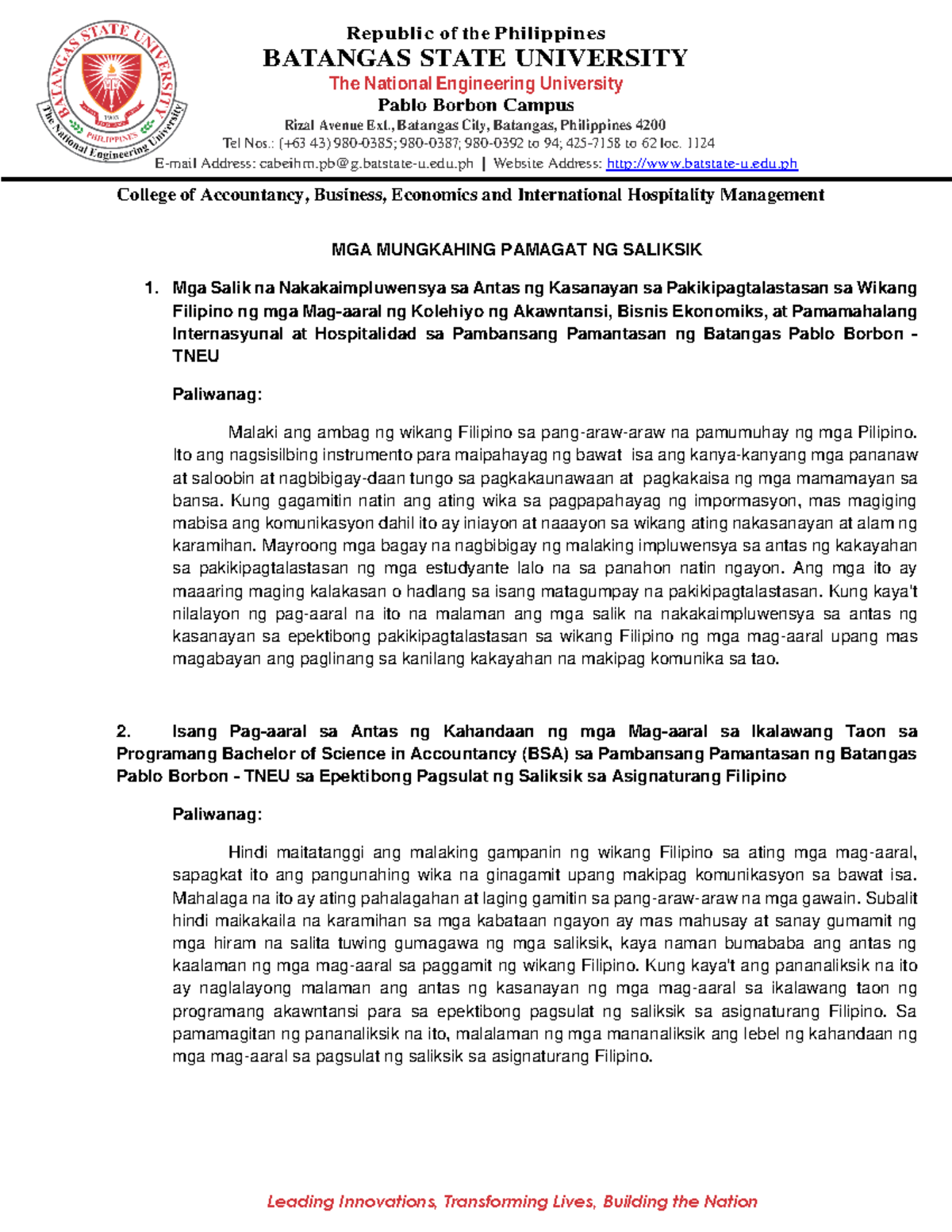 Pangkat 5 - Mga Mungkahing Pamagat - Republic of the Philippines ...