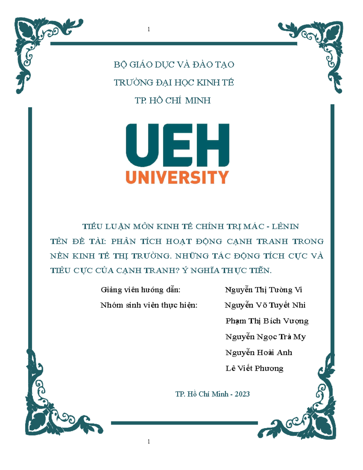Bìa tiểu luận 1 - bìa tiểu luận ueh - BỘ GIÁO DỤC VÀ ĐÀO TẠO TRƯỜNG ĐẠI HỌC KINH TẾ TP. HỒ CHÍ ...