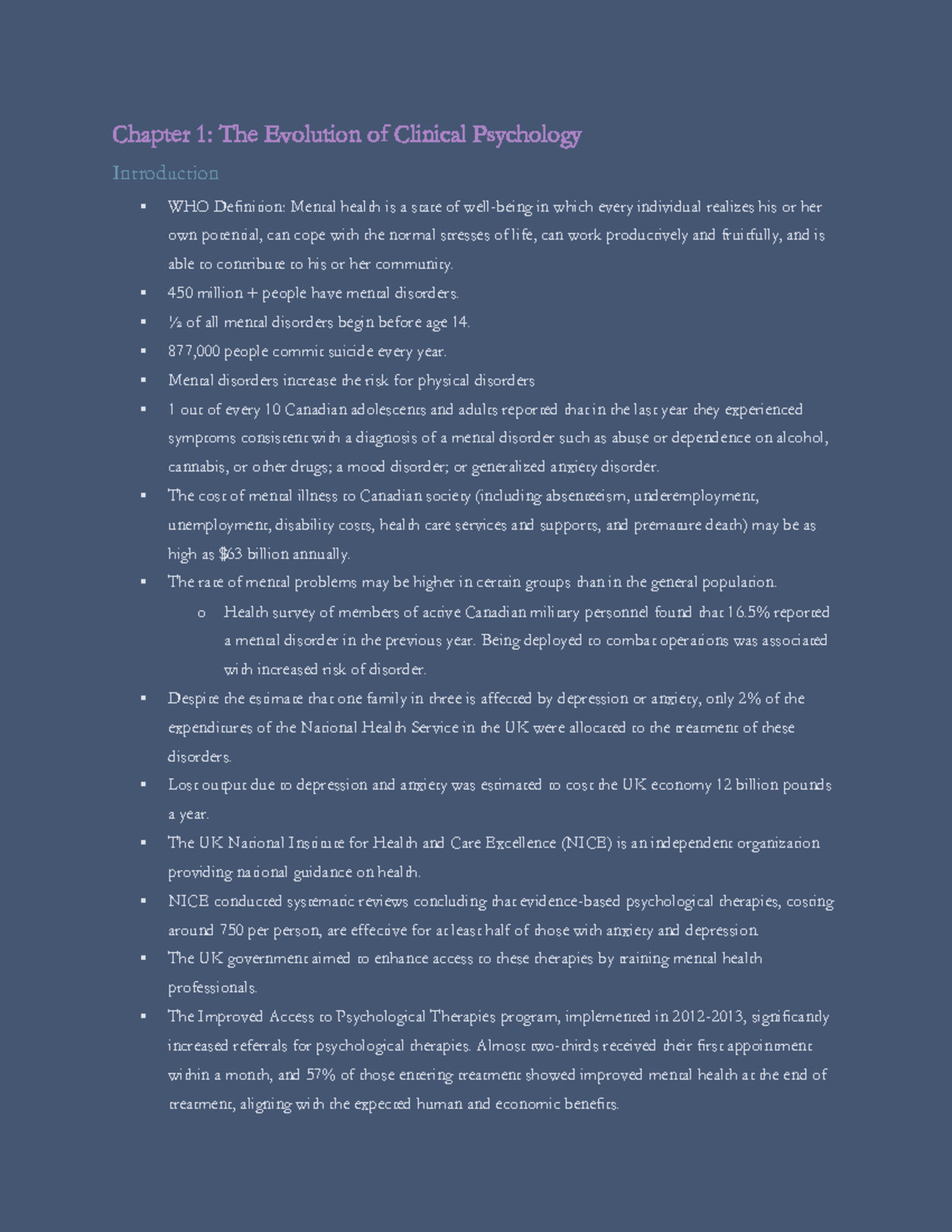 PSYC 433 Textbook Notes - Chapter 1: The Evolution of Clinical ...