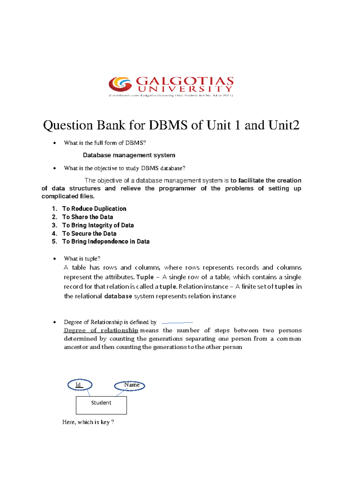 Solution Unit1 and 2 - This is a DBMS Notes - Question Bank for DBMS of ...