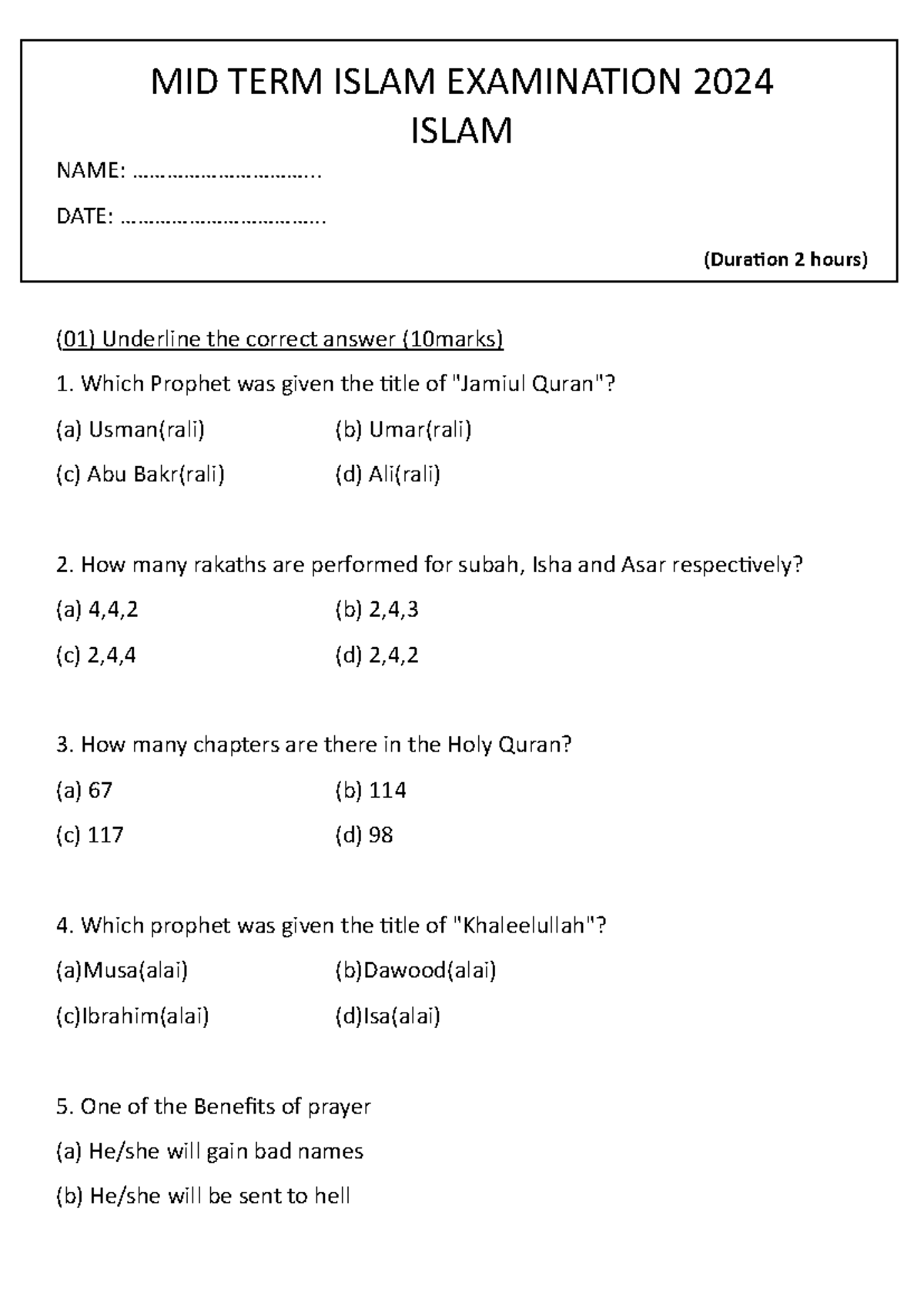 Ruqaiya Teacher(chek) - MID TERM ISLAM EXAMINATION 2024 ISLAM NAME ...