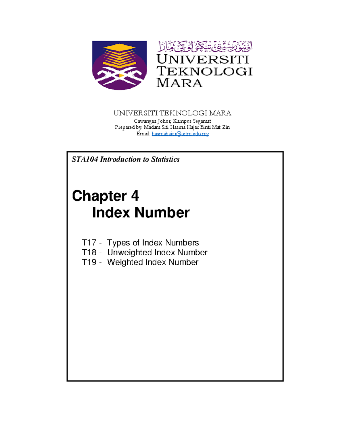 Chapter 4 Index Number - UNIVERSITI TEKNOLOGI MARA Cawangan Johor, Kampus Segamat Prepared by ...