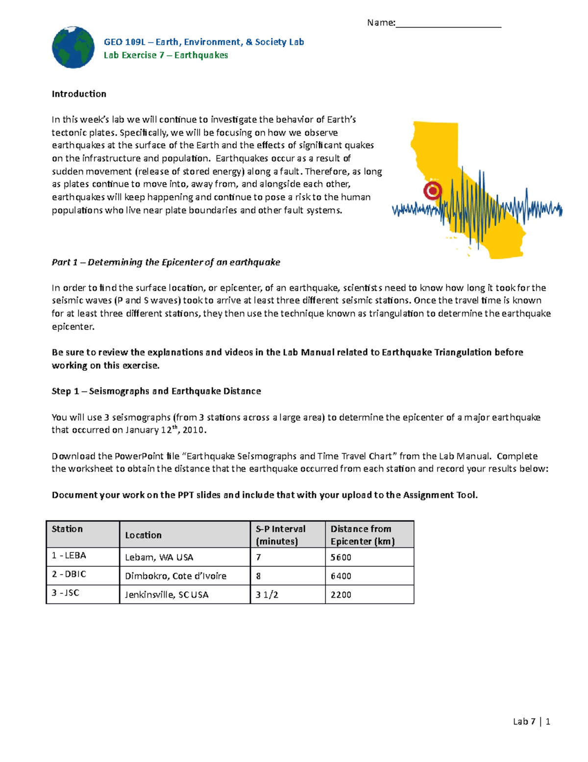 Lab+7+Earthquakes++F21 - GEO 109L – Earth, Environment, & Society Lab ...