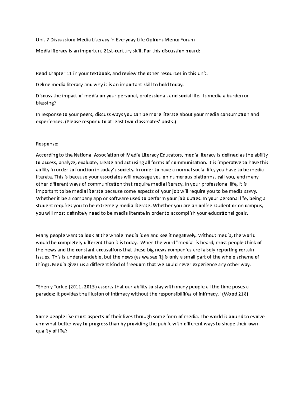 COM107 Unit 7 DB - Discussion on media literacy. - Unit 7 Discussion ...