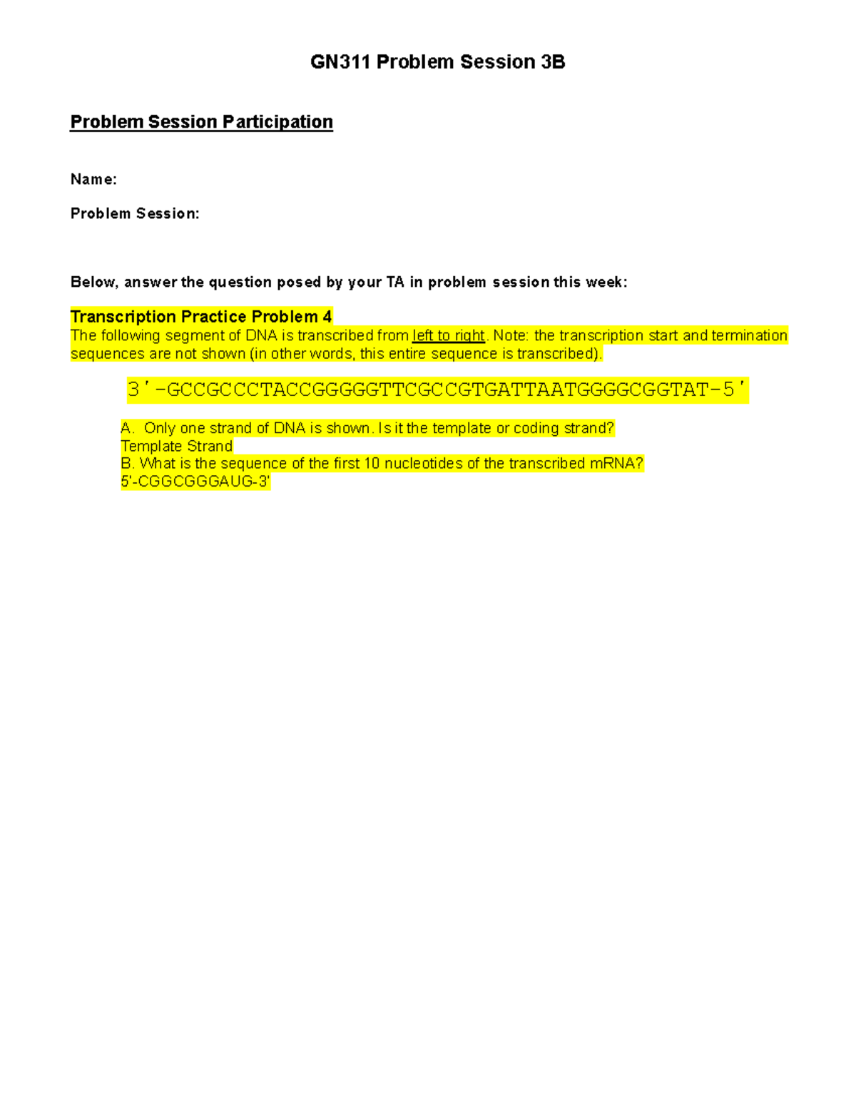 Prokaryotic and Eukaryotic Problem Session Worksheet - Problem Session ...