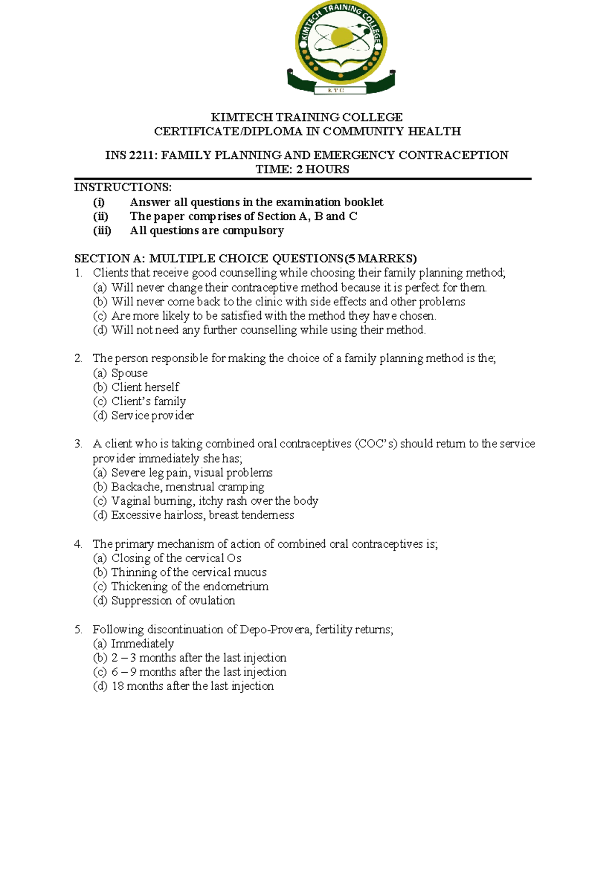 Family Planning - continuous assessment test - KIMTECH TRAINING COLLEGE ...