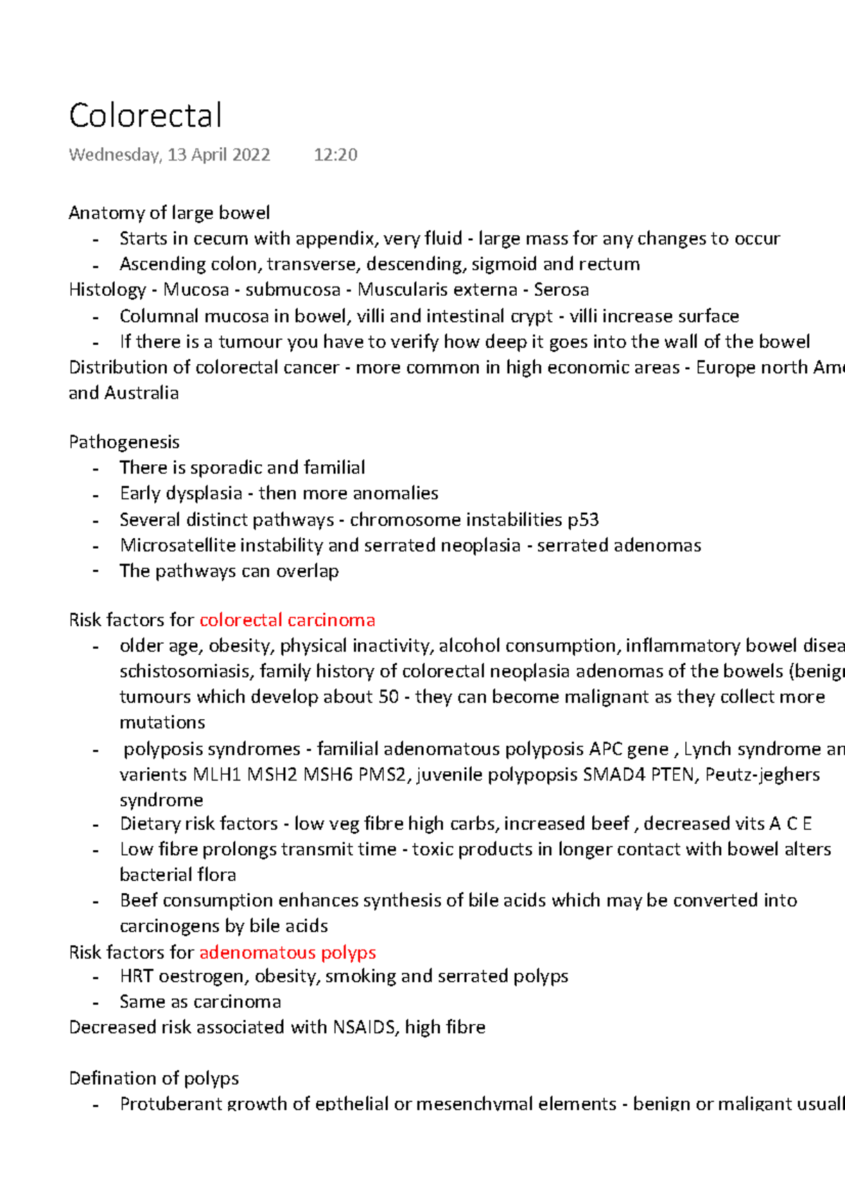 Colorectal - detailed notes from lecture including learning objectives ...