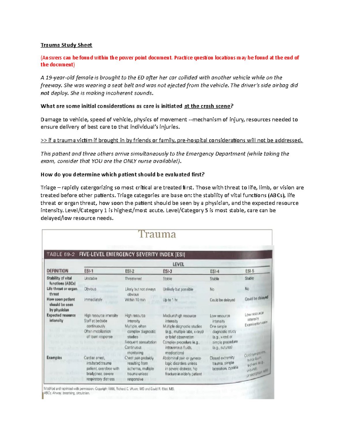 Trauma Study Sheet - Trauma Study Sheet (Answers can be found within ...