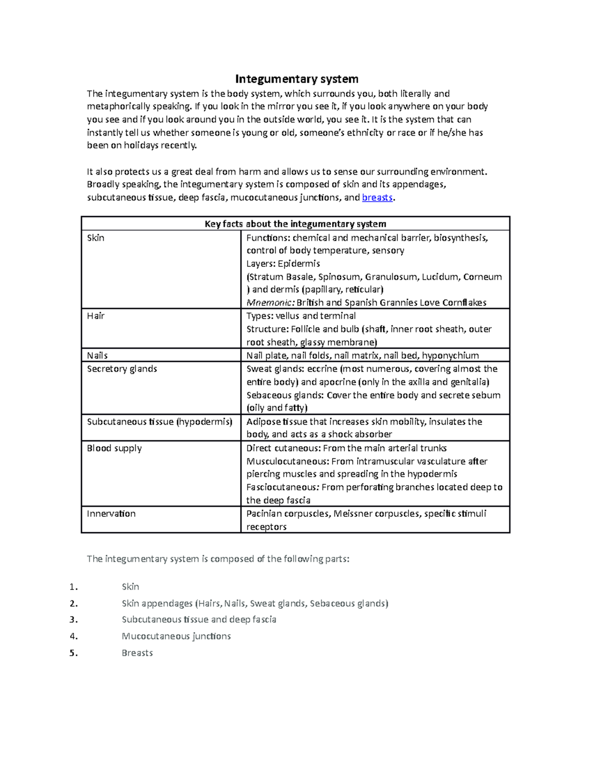 Integumentary system - Lecture notes 17-19 - Integumentary system The ...