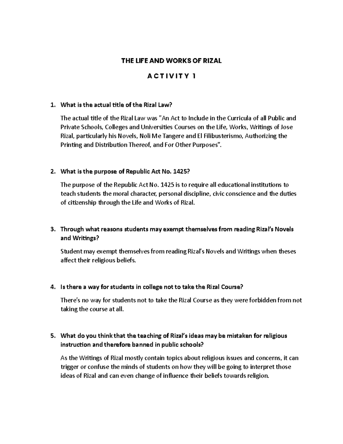 R1-20 - R1-20 RIZAL - THE LIFE AND WORKS OF RIZAL A C T I V I T Y 1 ...