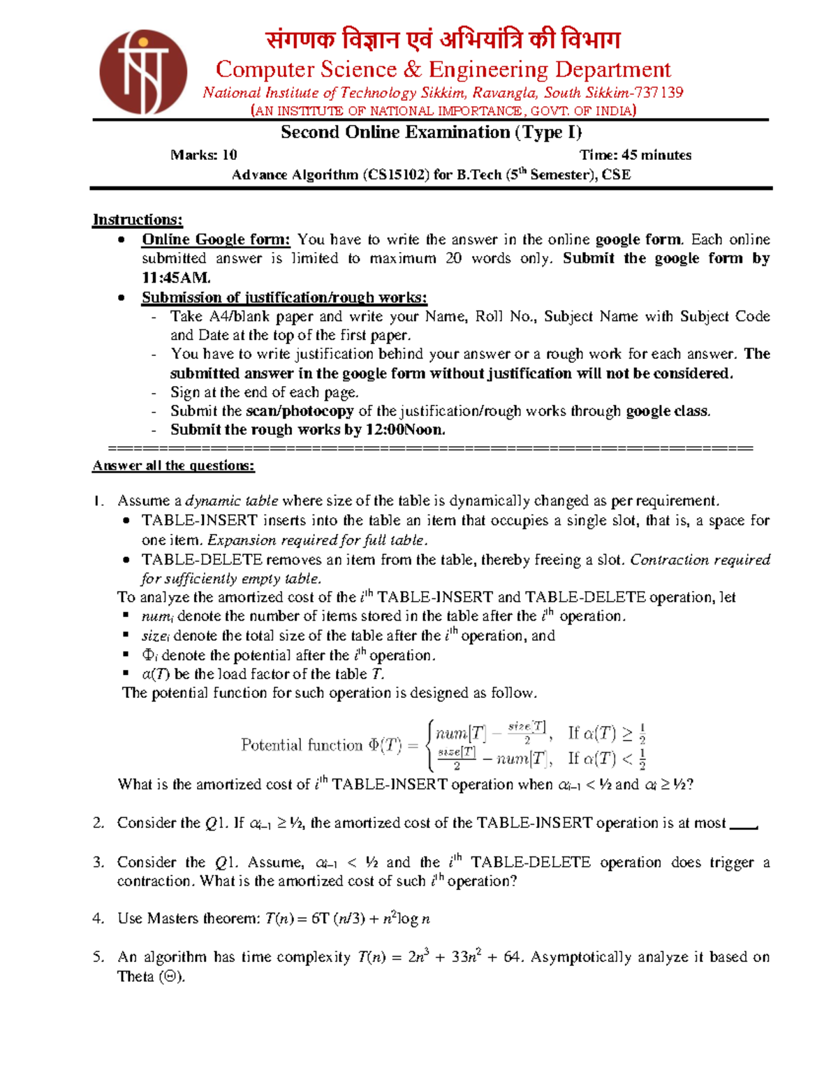 Advance Algorithm (CS15102) Online Type I - संगणक =ि्䴺?न एिं अ=िय?ं=ि ...