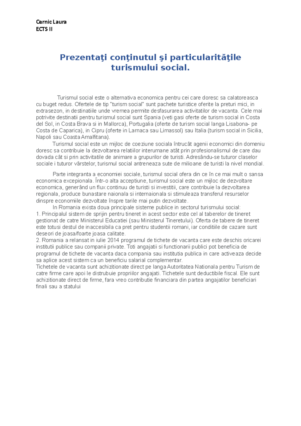 Turismul social si particularitati - Cernic Laura ECTS II Prezentaţi ...