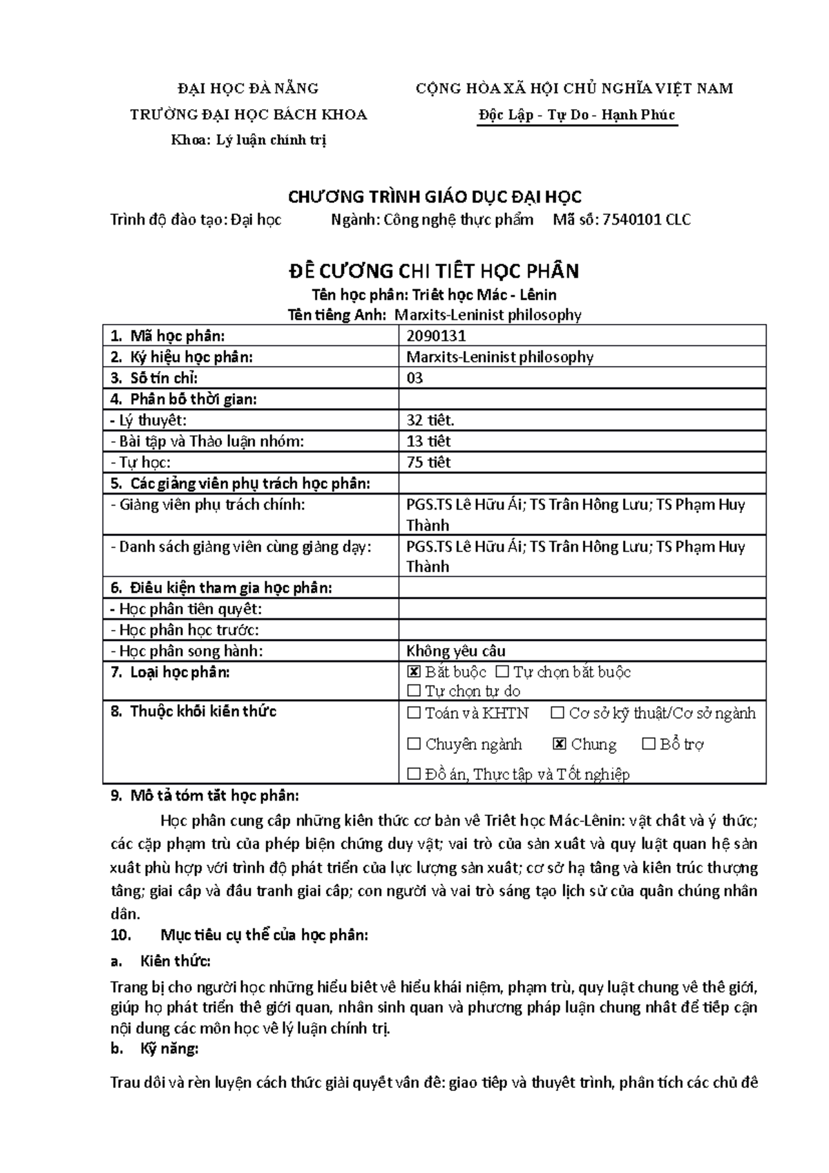 Đề cương Triết học Mác - Lênin Đại học Bác khoa CNTP - ĐẠI HỌC ĐÀ NẴNG ...