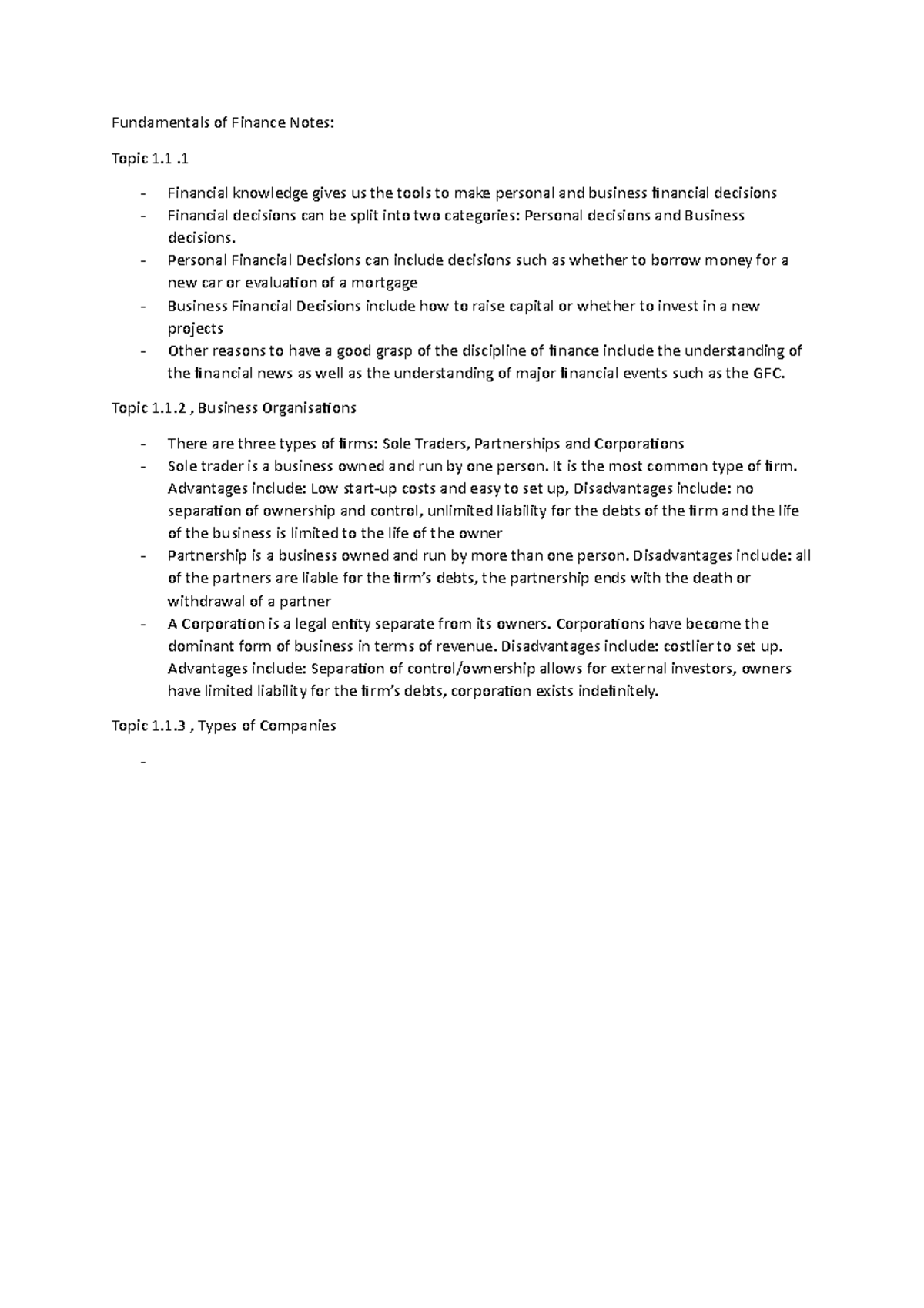 Fundamentals of Finance Notes - Fundamentals of Finance Notes: Topic 1 ...