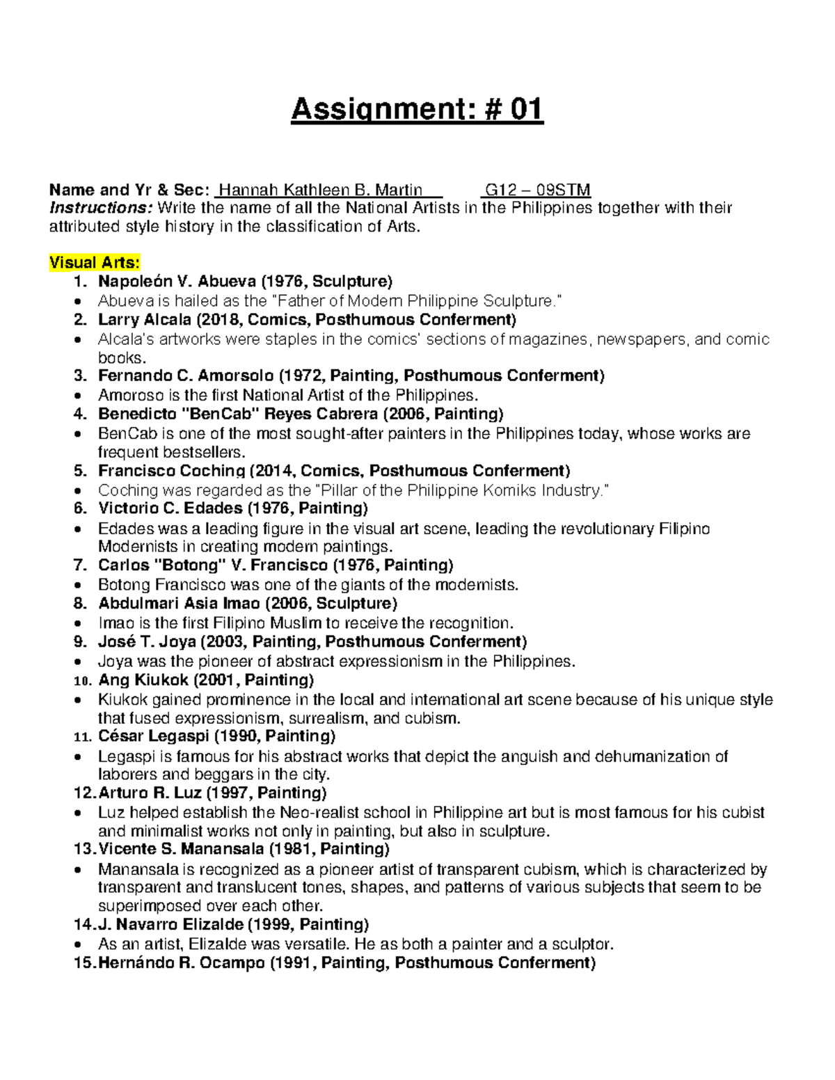 Assignment 01 for CPAR 02 - Assignment: # 0 1 Name and Yr & Sec: Hannah Kathleen B. Martin G12 ...