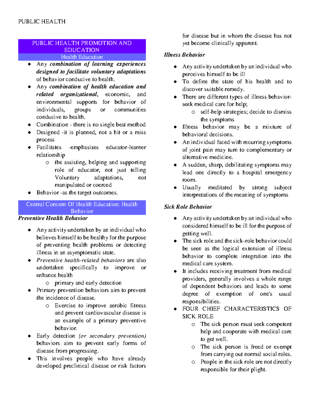 Public Health (Promotion and Education) Lecture notes - PUBLIC HEALTH ...
