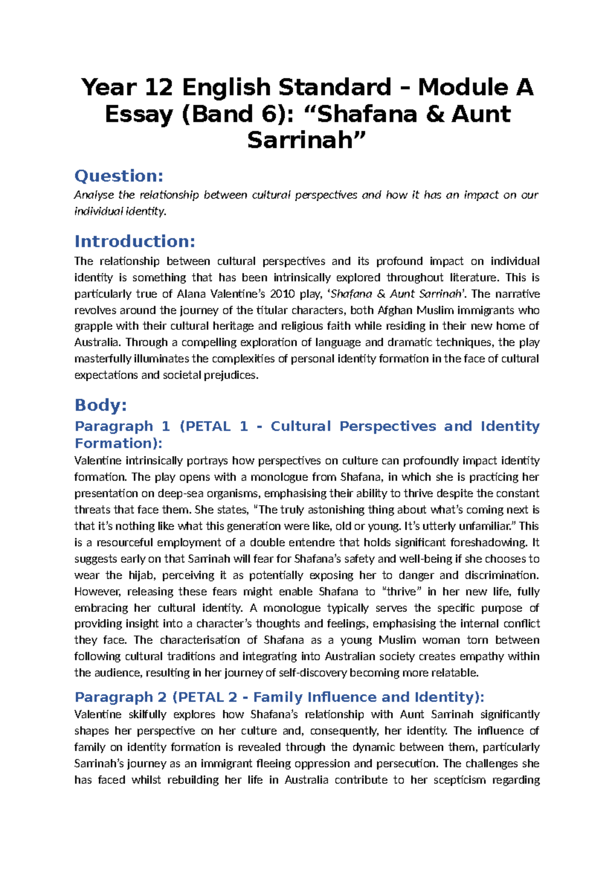 Year 12 English Standard - Module A Essay (Band 6) - "Shafana & Aunt ...