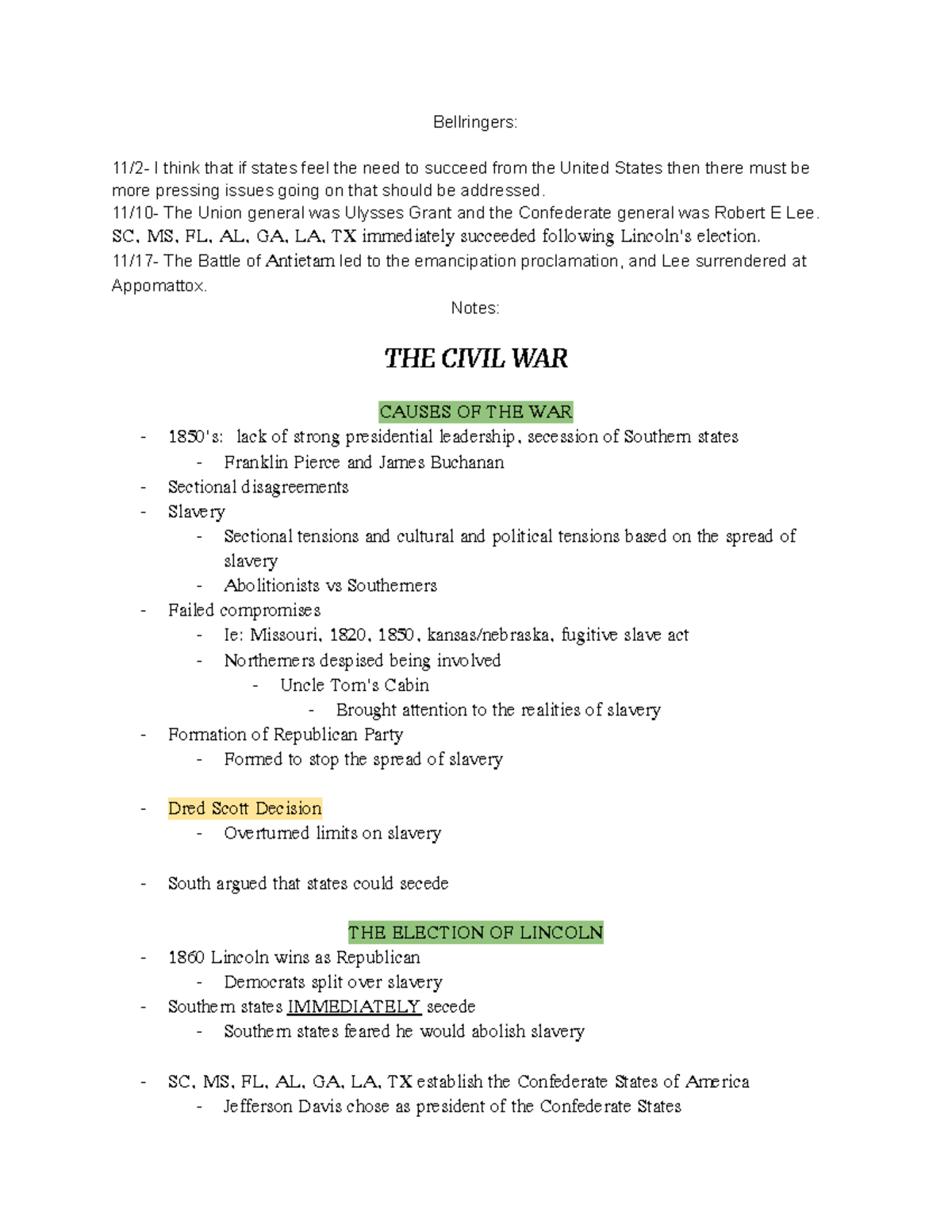 History Unit 6 - notes - Bellringers: 11/2- I think that if states feel ...