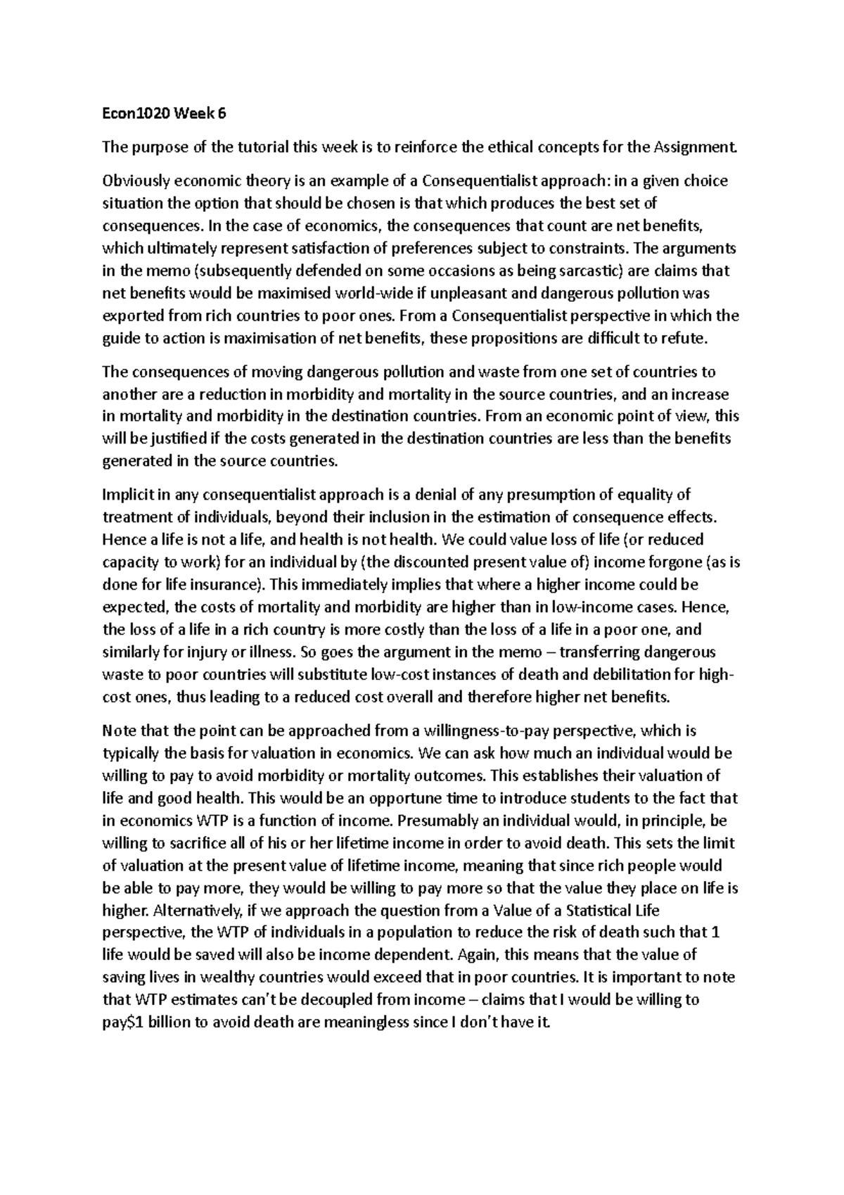 Econ1020 Week 6 - Econ Week 6 notes - Econ1020 Week 6 The purpose of ...