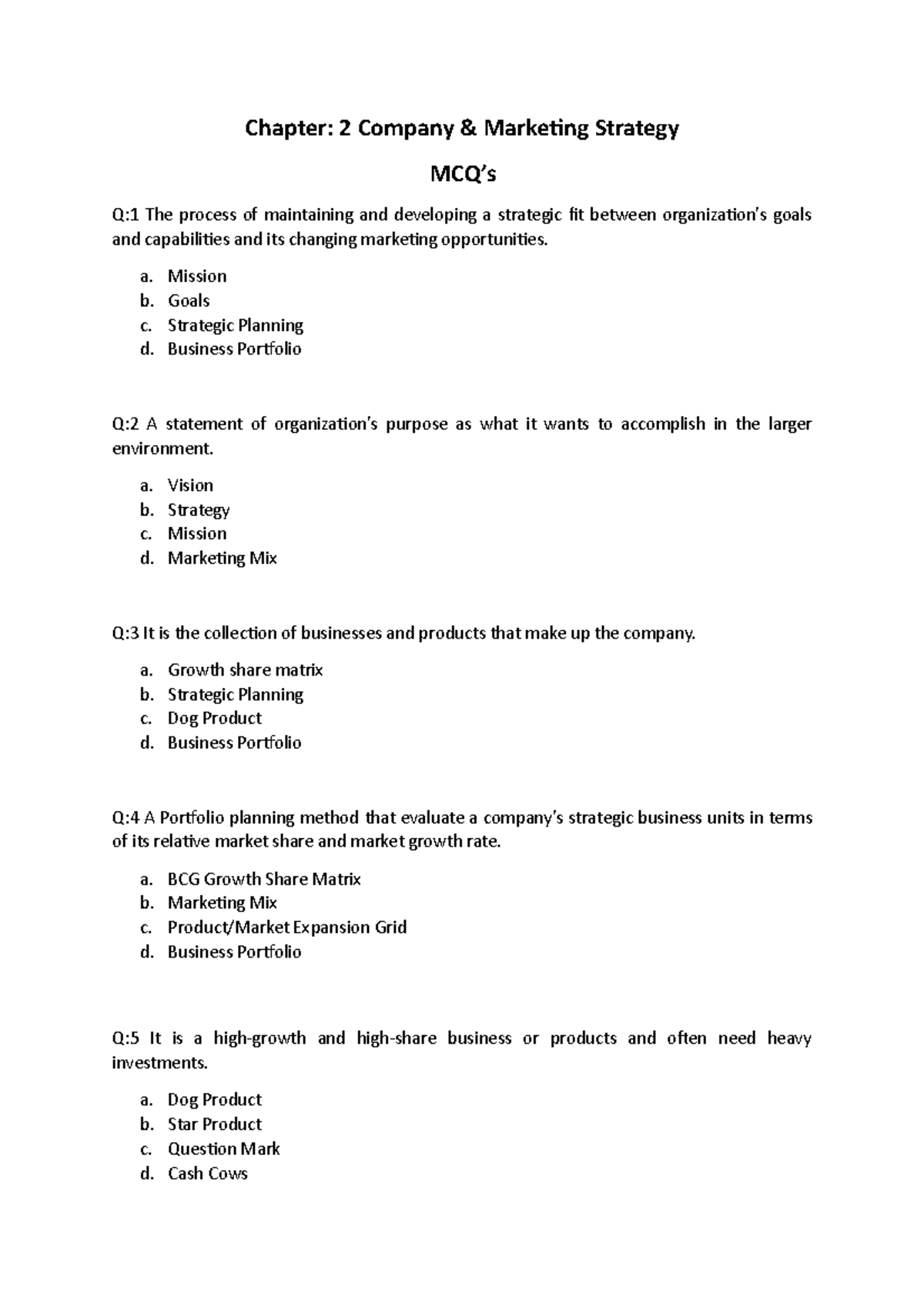 Marketing QUIZ . CHAP 2 - NIL - Chapter: 2 Company & Marketing Strategy ...