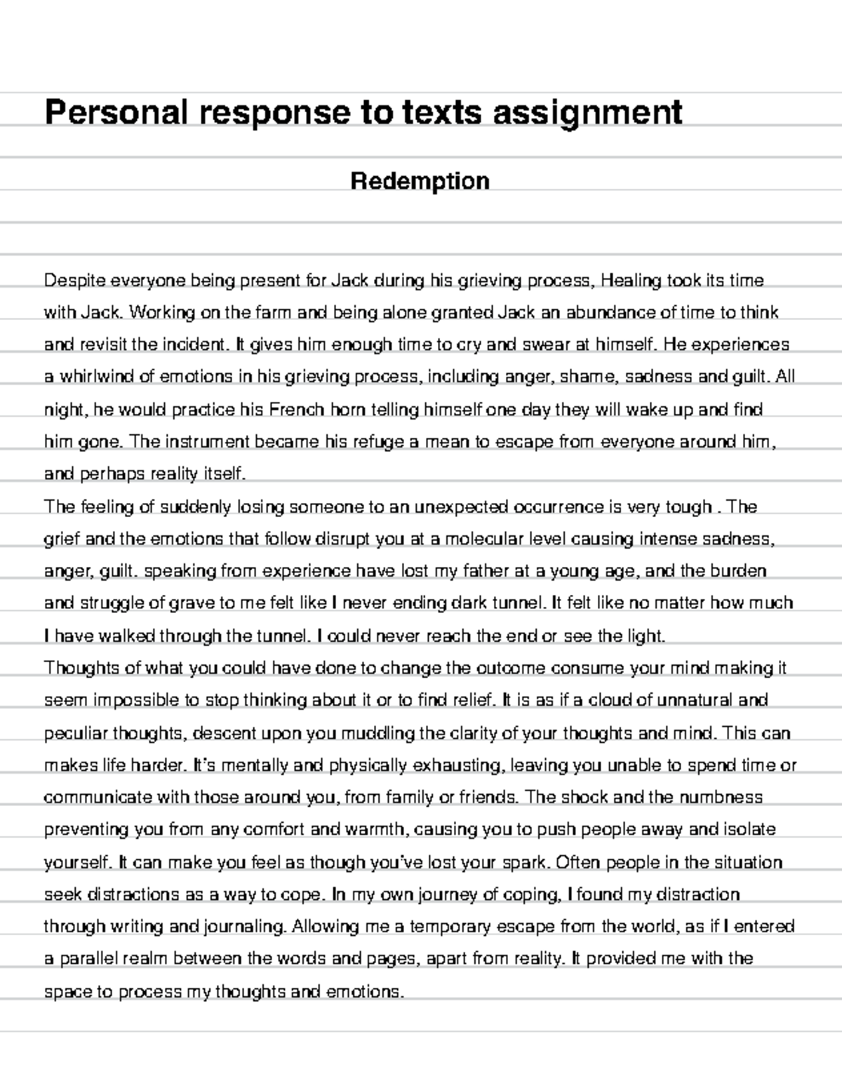Personal Response to Texts: Exploring Themes of Redemption - Personal ...