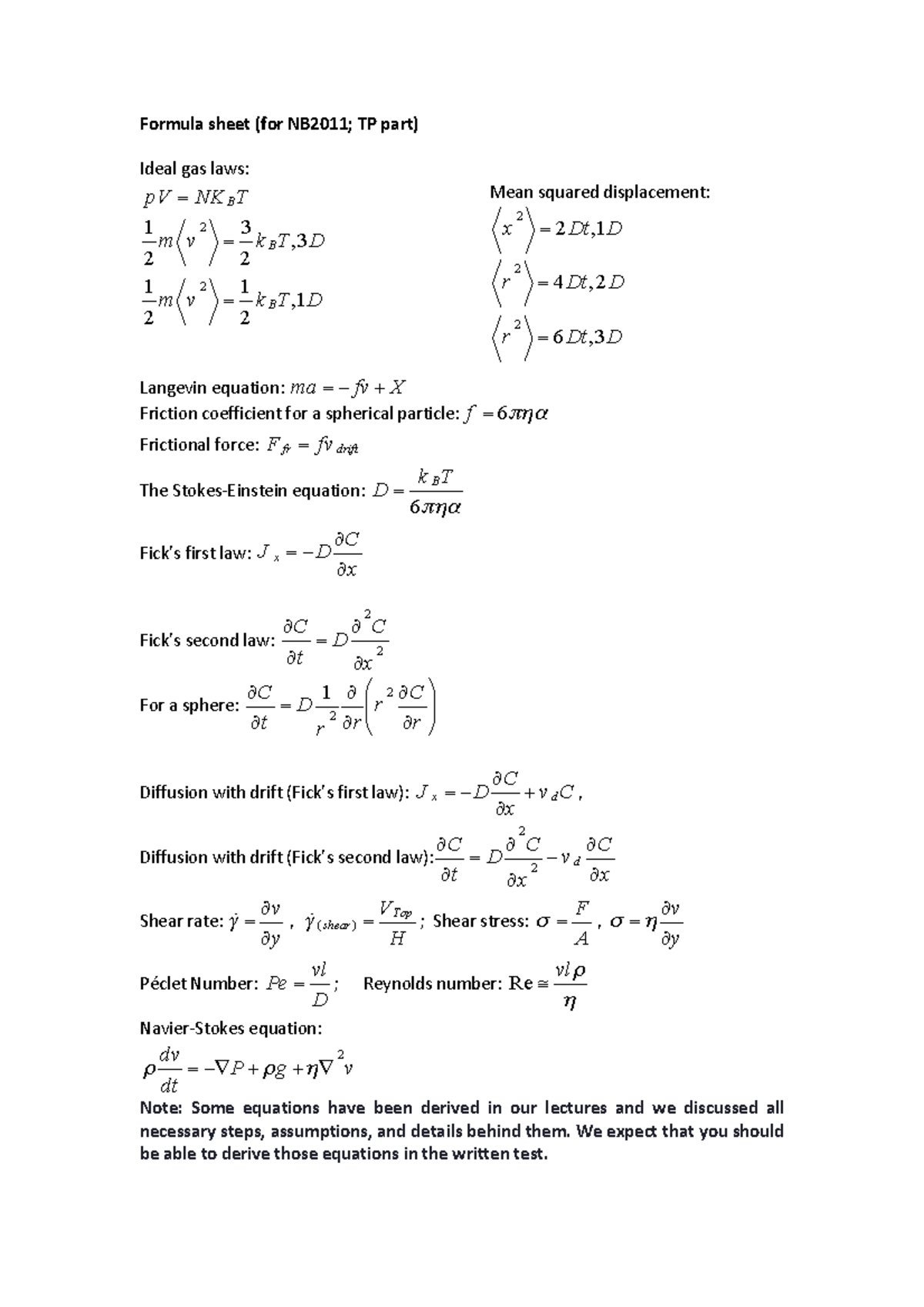 Formula sheet-TP-2023 - Formula sheet (for NB2011; TP part) Ideal gas ...