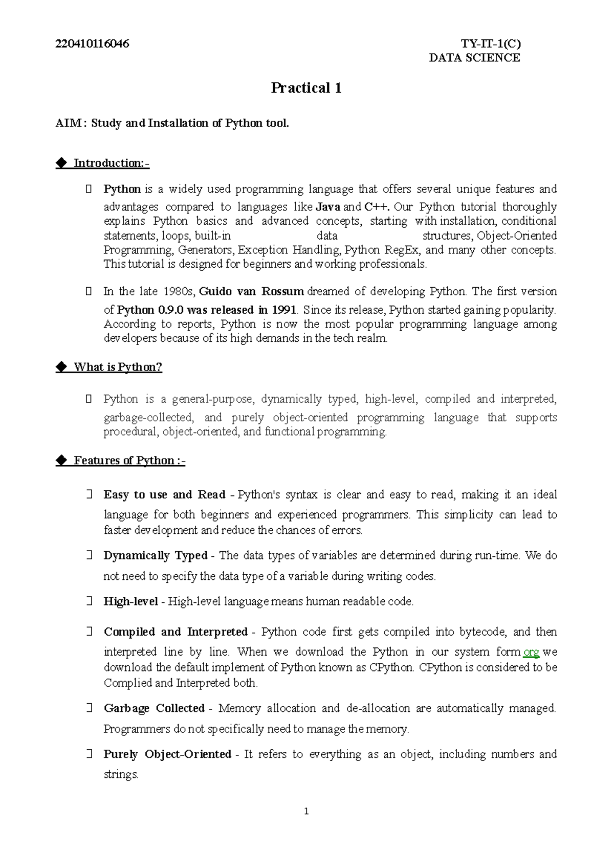 data science practical file - 220410116046 TY-IT-1(C) DATA SCIENCE Practical 1 AIM : Study and ...