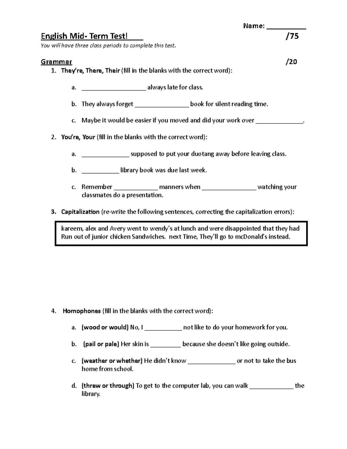 English midterm test computer version - Name: __________ English Mid ...