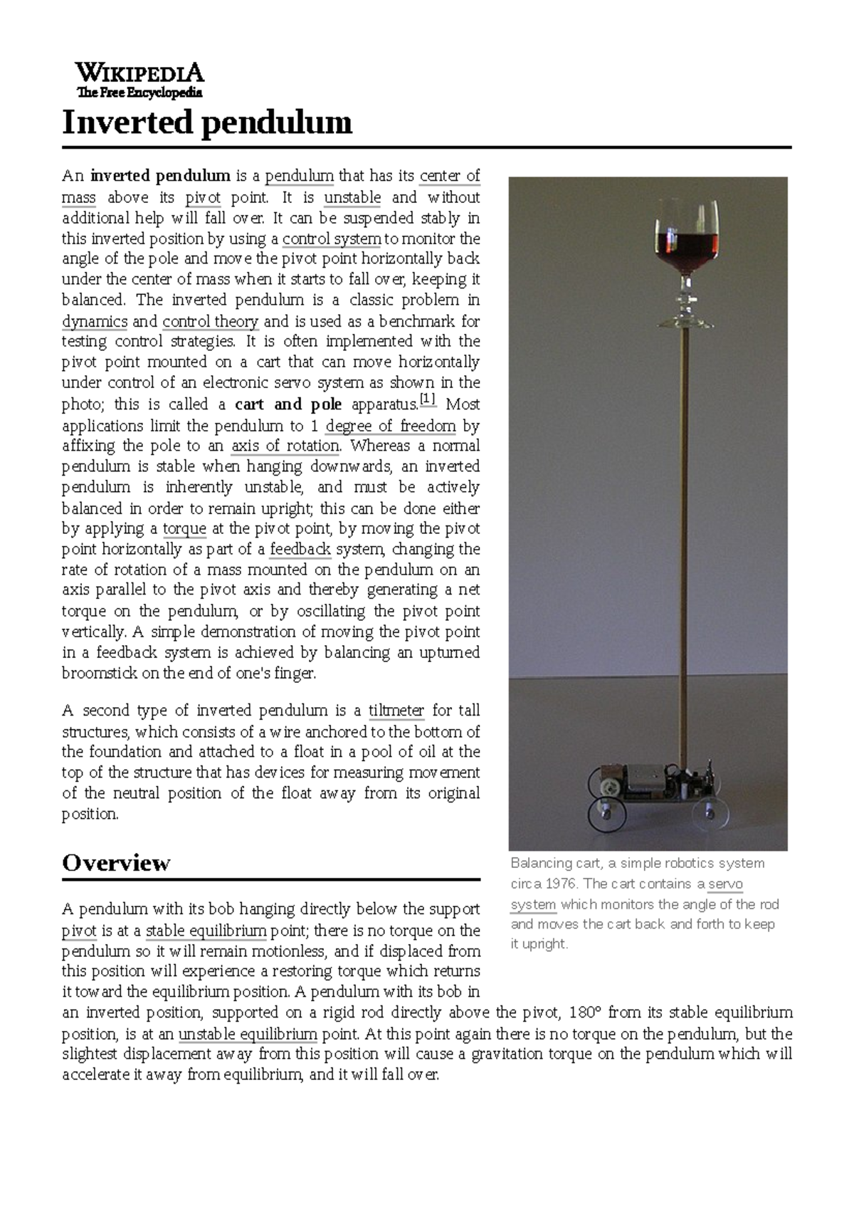 Inverted pendulum - Pendulo invertido - Balancing cart, a simple robotics system circa 1976. The ...