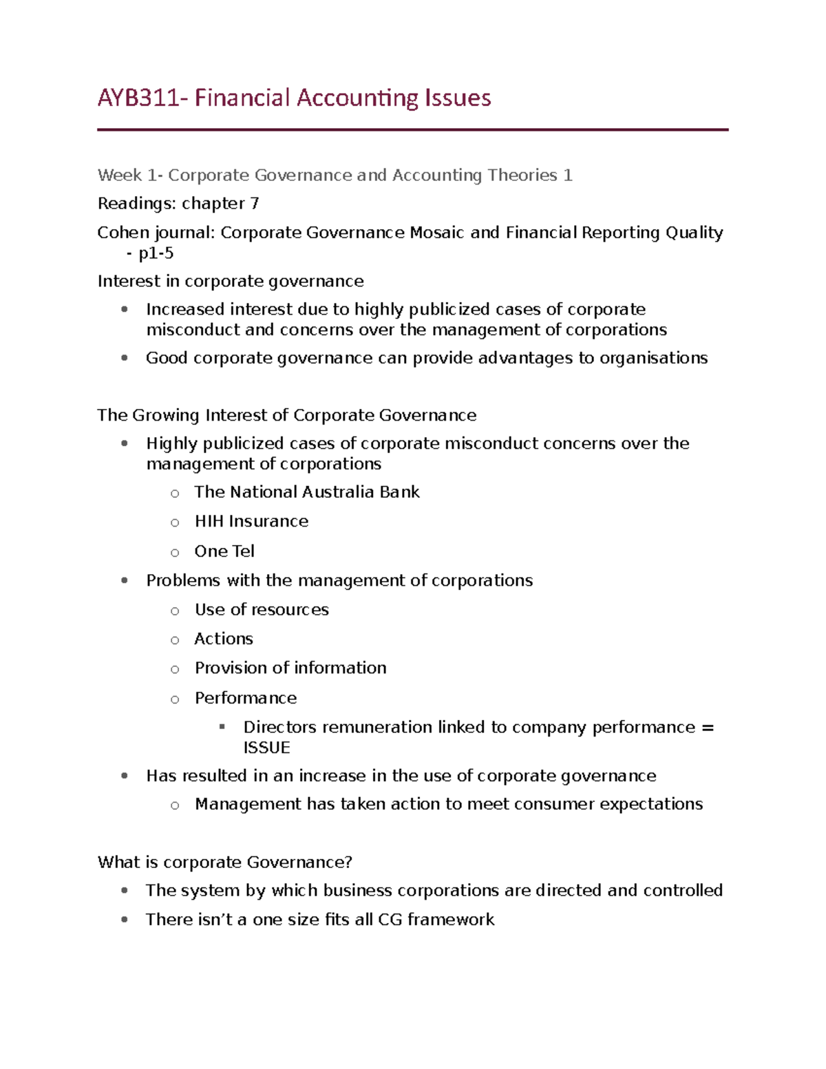 Ayb311 Lecture Notes Ayb311 Financial Accounting Issues Week 1 Corporate Governance And