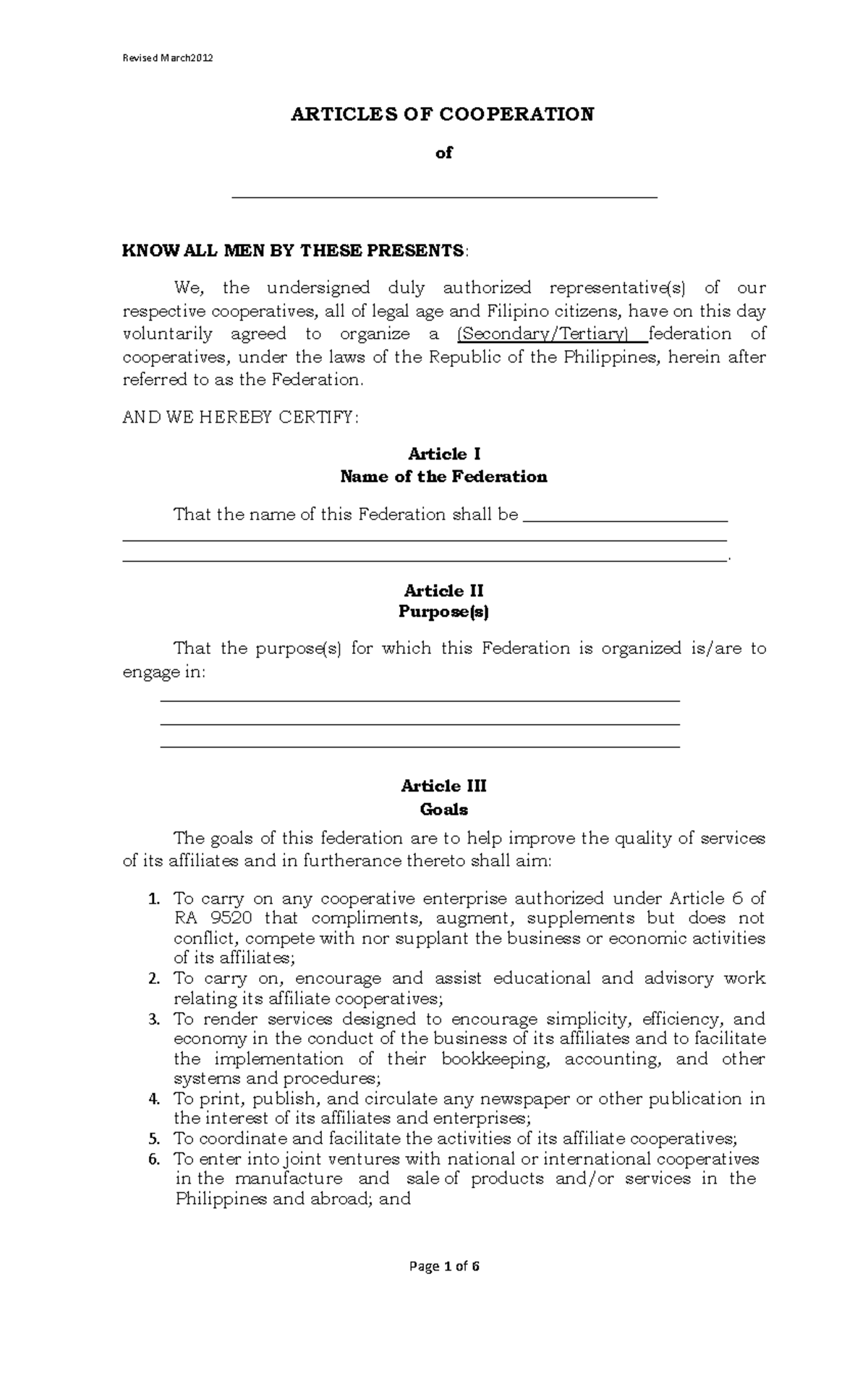 Articles of cooperation - ARTICLES OF COOPERATION of KNOW ALL MEN BY ...