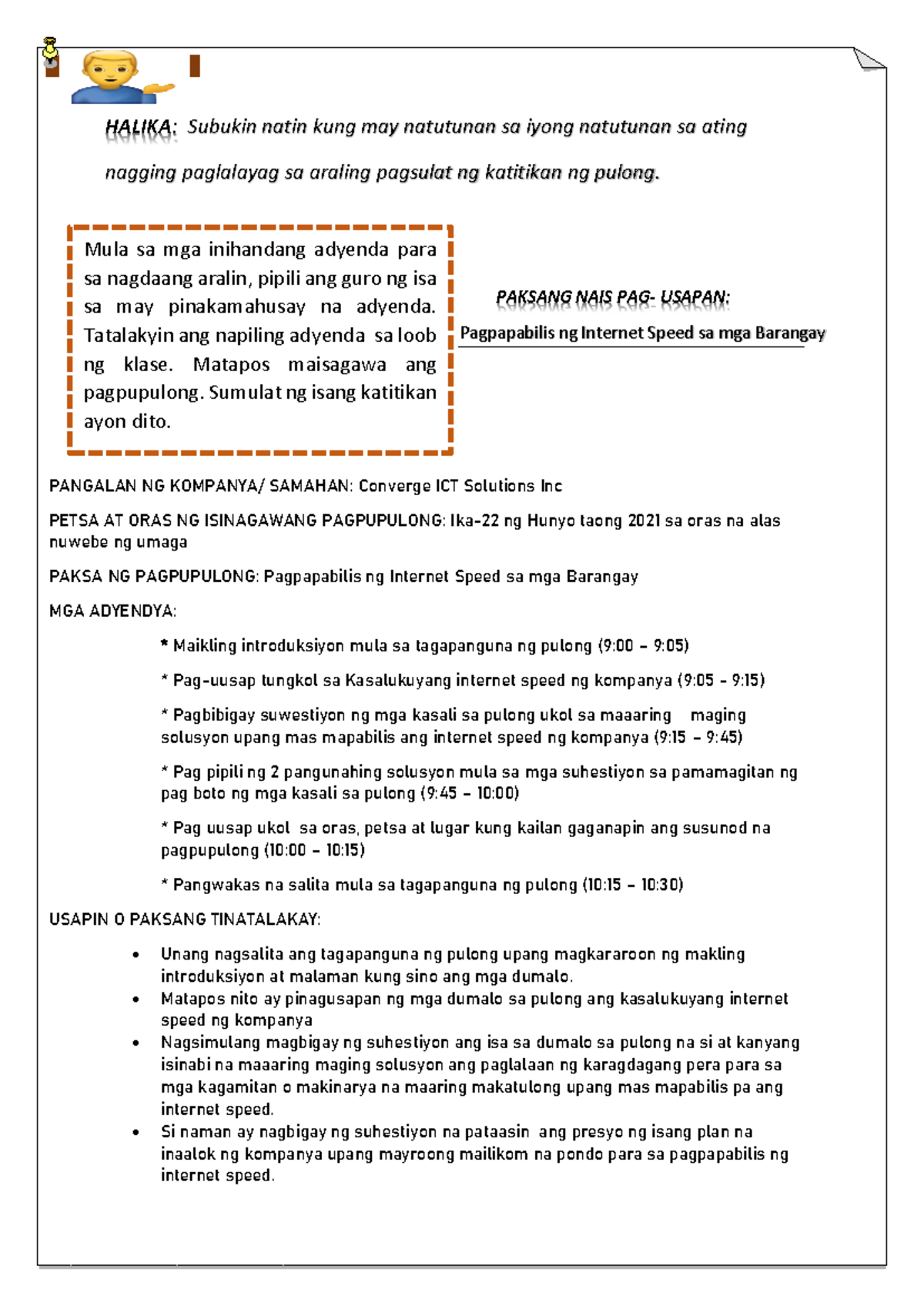 Katitikan NG Pulong - HALIKA: Subukin natin kung may natutunan sa iyong ...