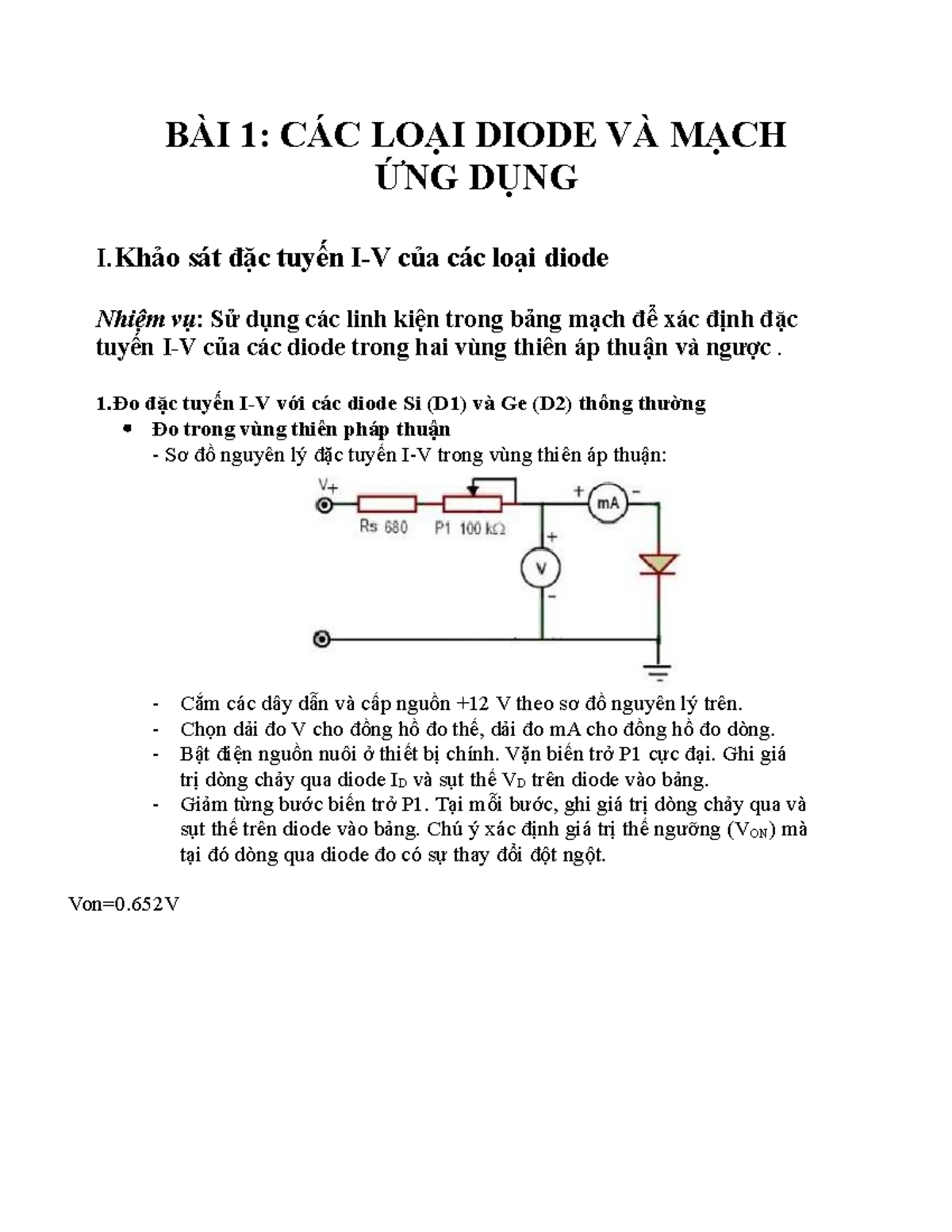 Baocao - useful - BÀI 1: CÁC LOẠI DIODE VÀ MẠCH ỨNG DỤNG Iảo sát đặc ...