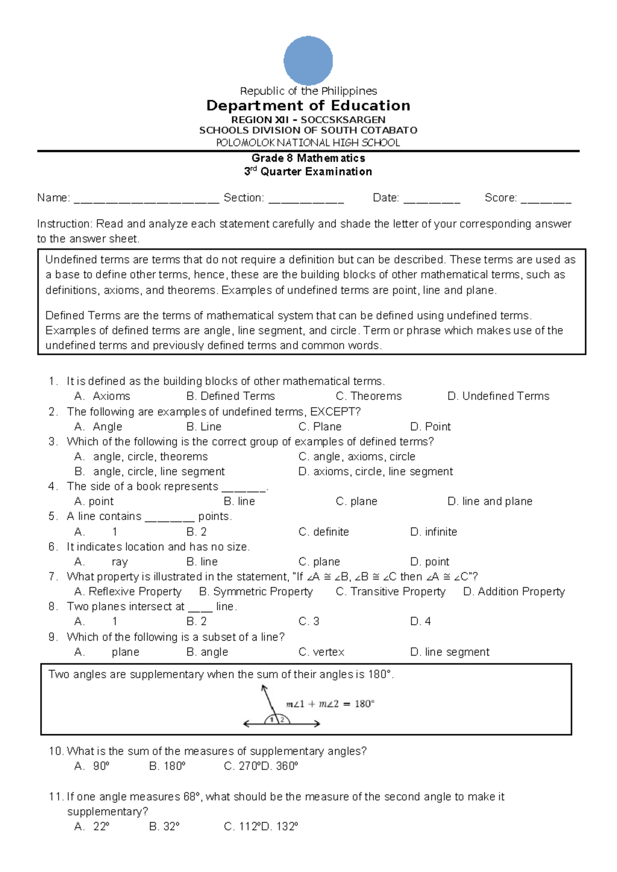 Grade 8 Mathematics Q3 STEM Questions MPRE - Republic of the ...