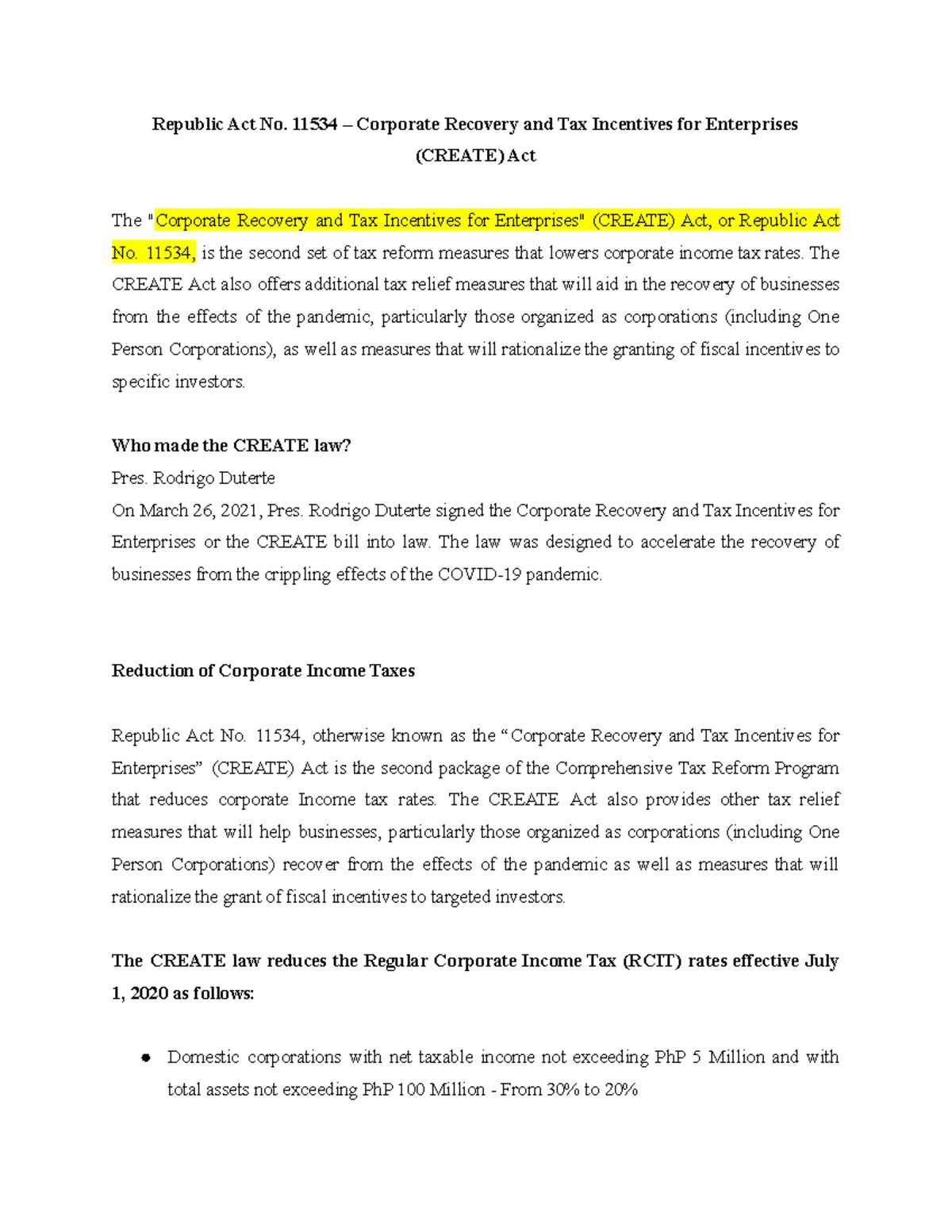 Corporate Recovery and Tax Incentives for Enterprises- ( Create) Law ...