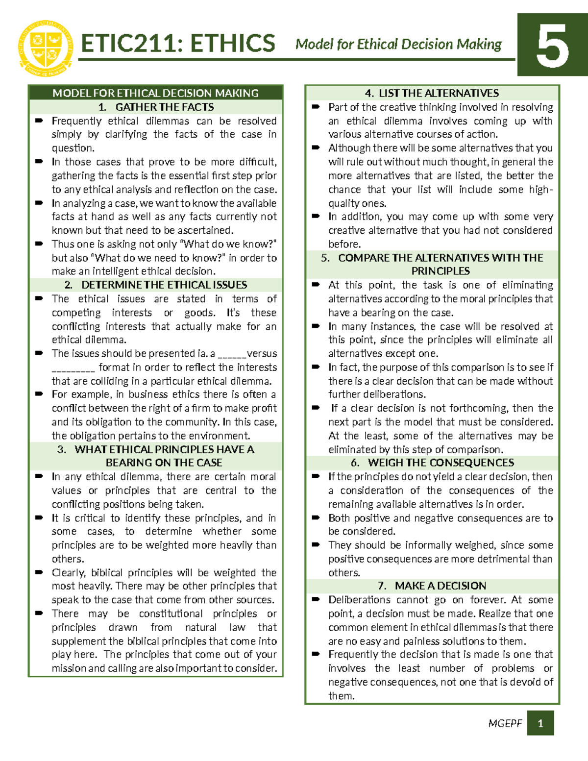 Ethics. Model for Ethical Decision Making. - ETIC211: ETHICS Model for ...
