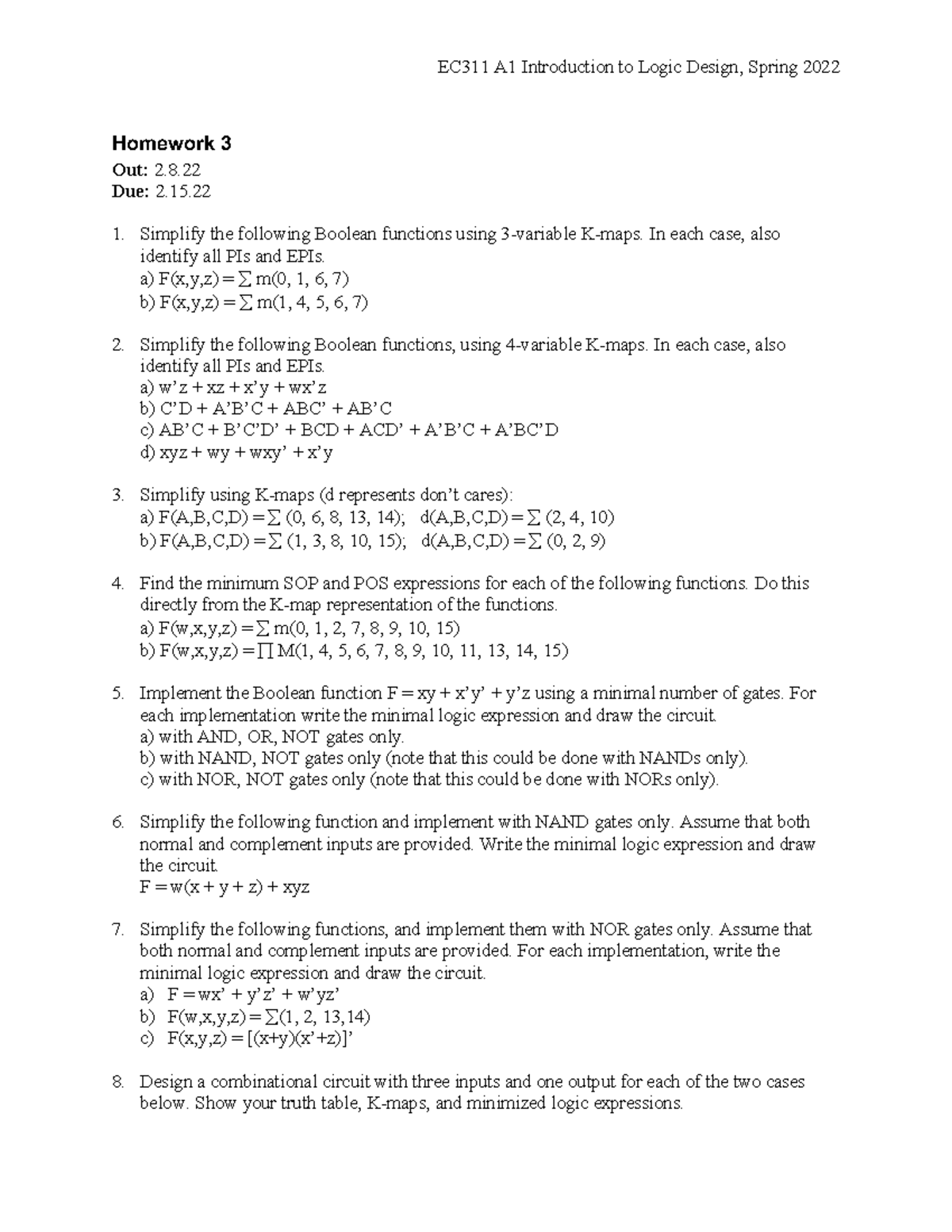 EC311 HW3 - Prof. Tali Moreshet - EC311 A1 Introduction to Logic Design, Spring 2022 Homework 3 ...