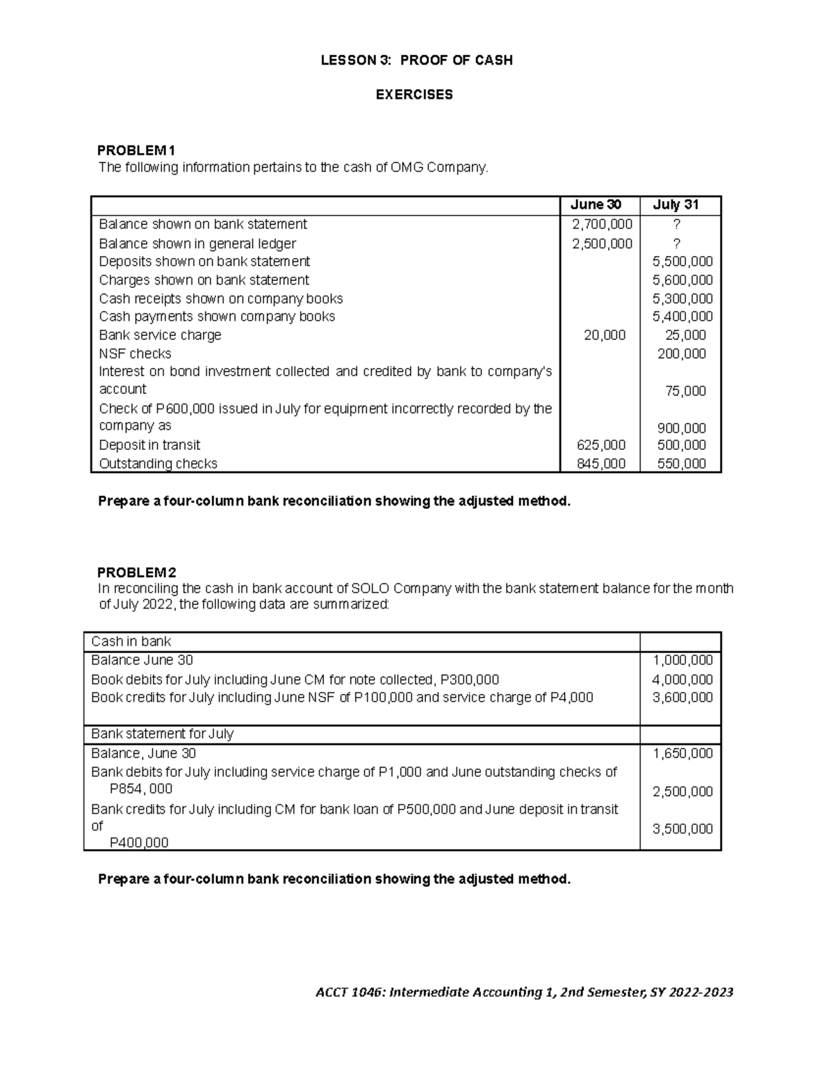 Exercises - Proof of cash - LESSON 3: PROOF OF CASH EXERCISES PROBLEM 1 ...