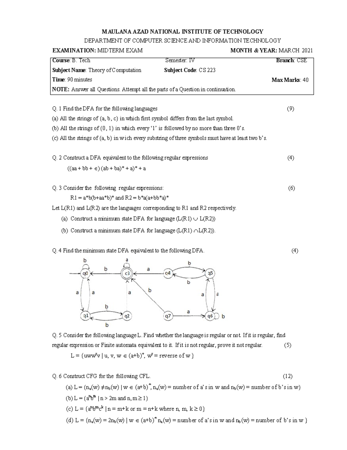 TOC practice question - Course: B. Tech Subject Name: Theory of ...