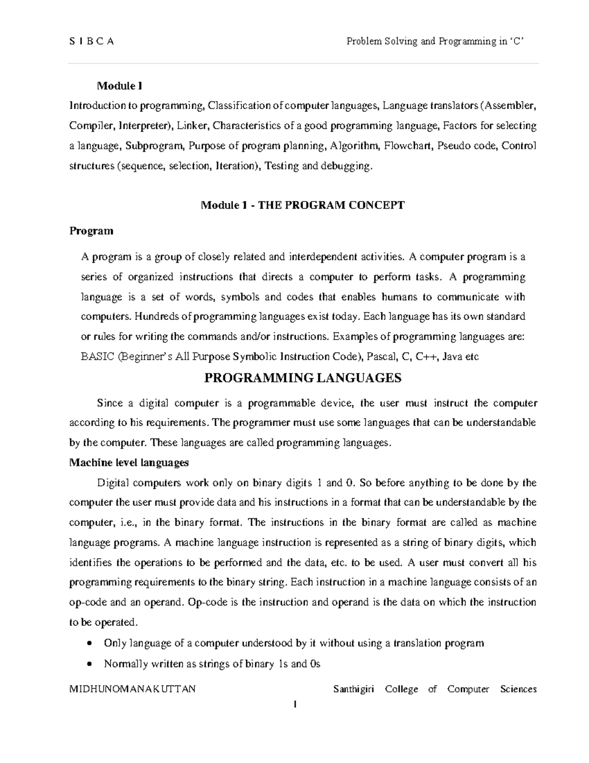 BCA 2021 2024 Programingin C MOD1 - MIDHUNOMANAKUTTAN Santhigiri ...